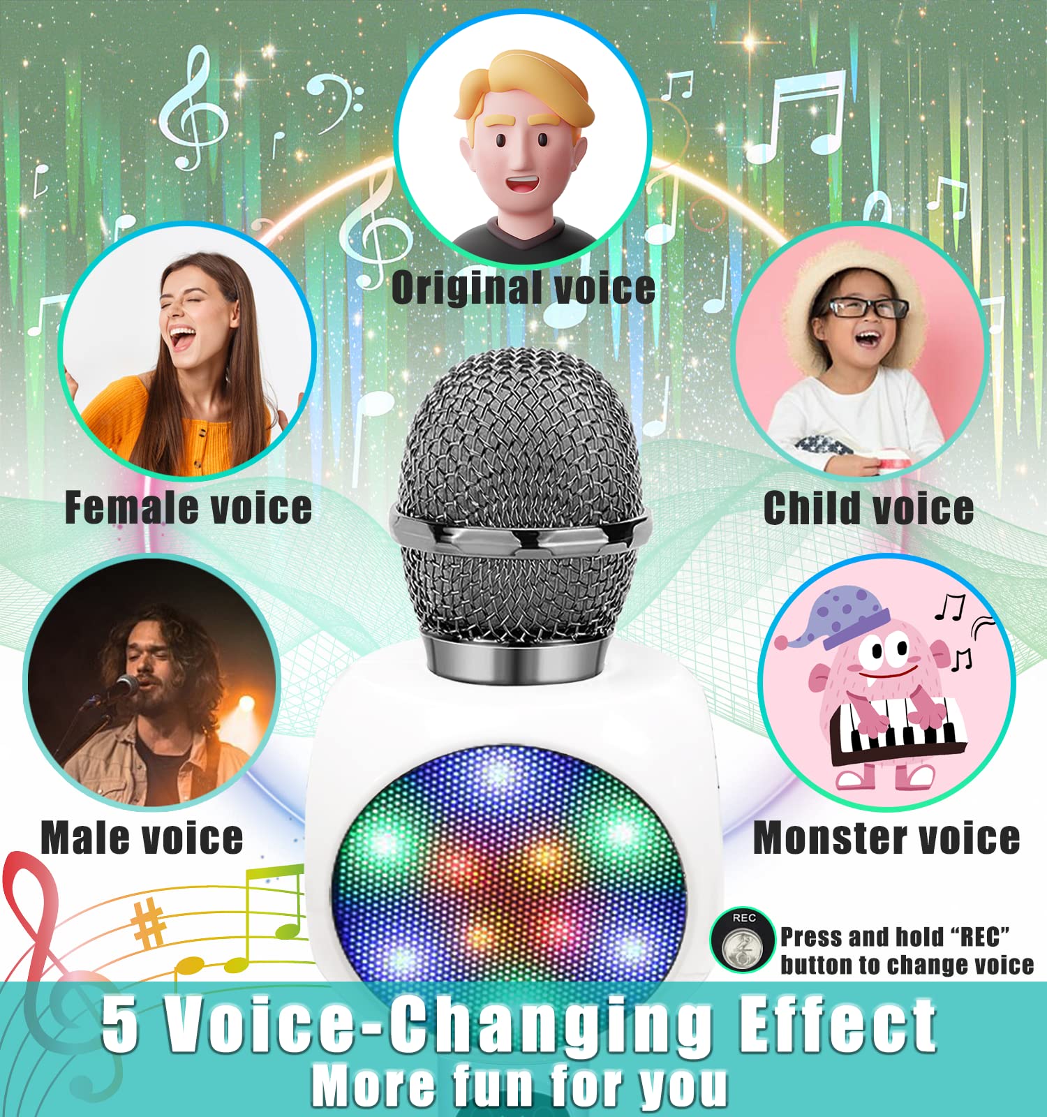 iUse Wireless Karaoke Mic speaker Bluetooth Microphone, 4-in-1 Portable Singing Handheld Karaoke Machine with LED Lights for all smartphones, Gift for Children All Ages Party Birthday KTV (White)