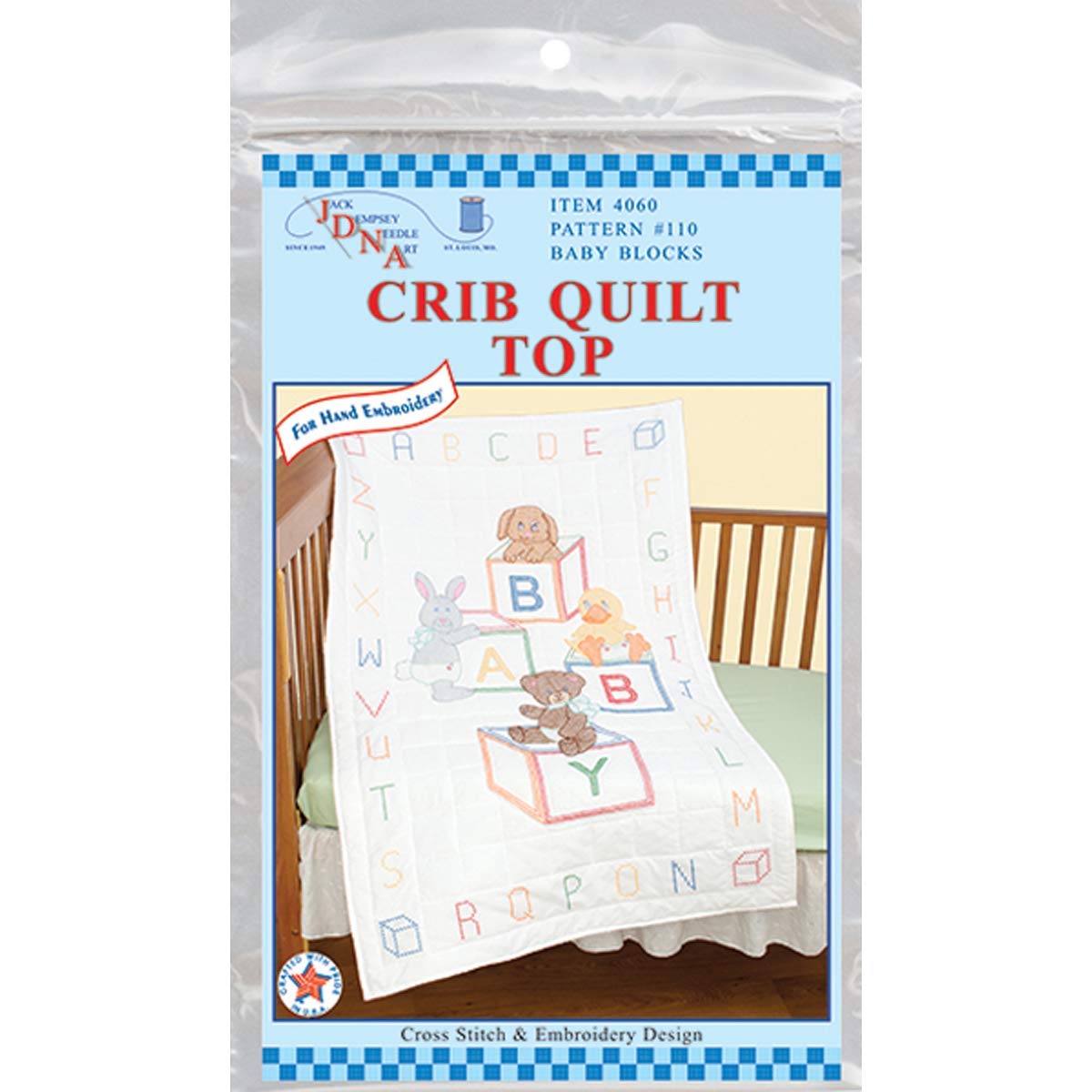 Jack Dempsey Needle Art 4060110 Crib Quilt, Top Baby Block, 40-Inch by 60-Inch, White