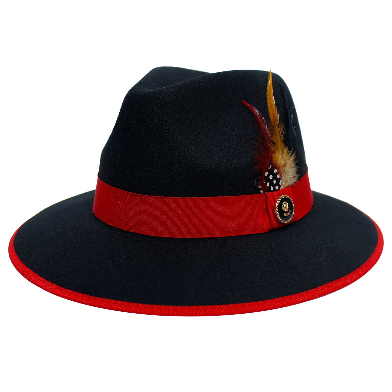 Kalerona Black Fedora Hat for Men & Women Red Trim with Band and Feathers and Decorative Buckle