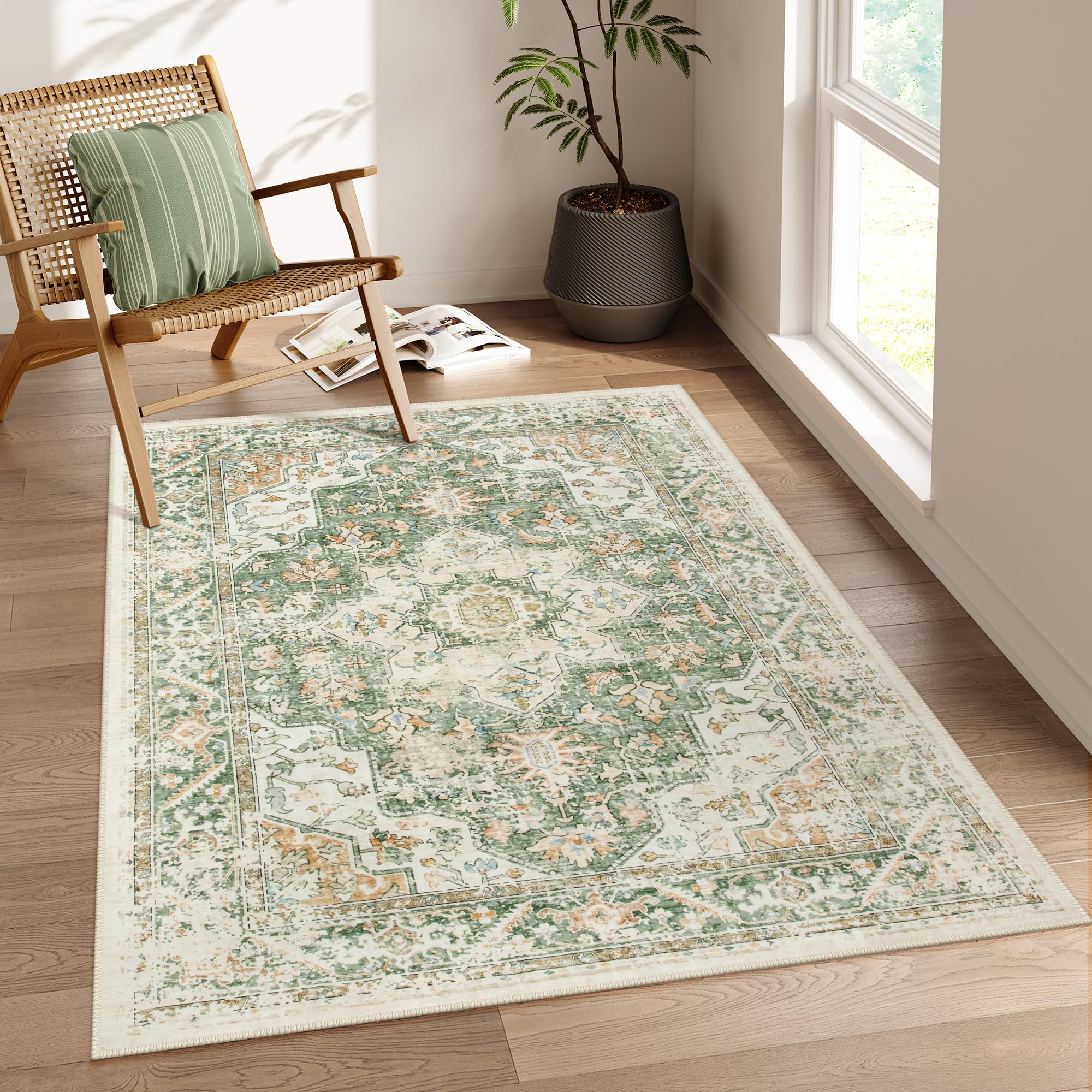 Lahome Boho Green 5x7 Area Rugs,Washable Living Room Rug Soft Non-Slip Bedroom Rug,Vintage Oriental Low-Pile Throw Indoor Dining Room Carpet for Home Office Entryway(5x7,Green)