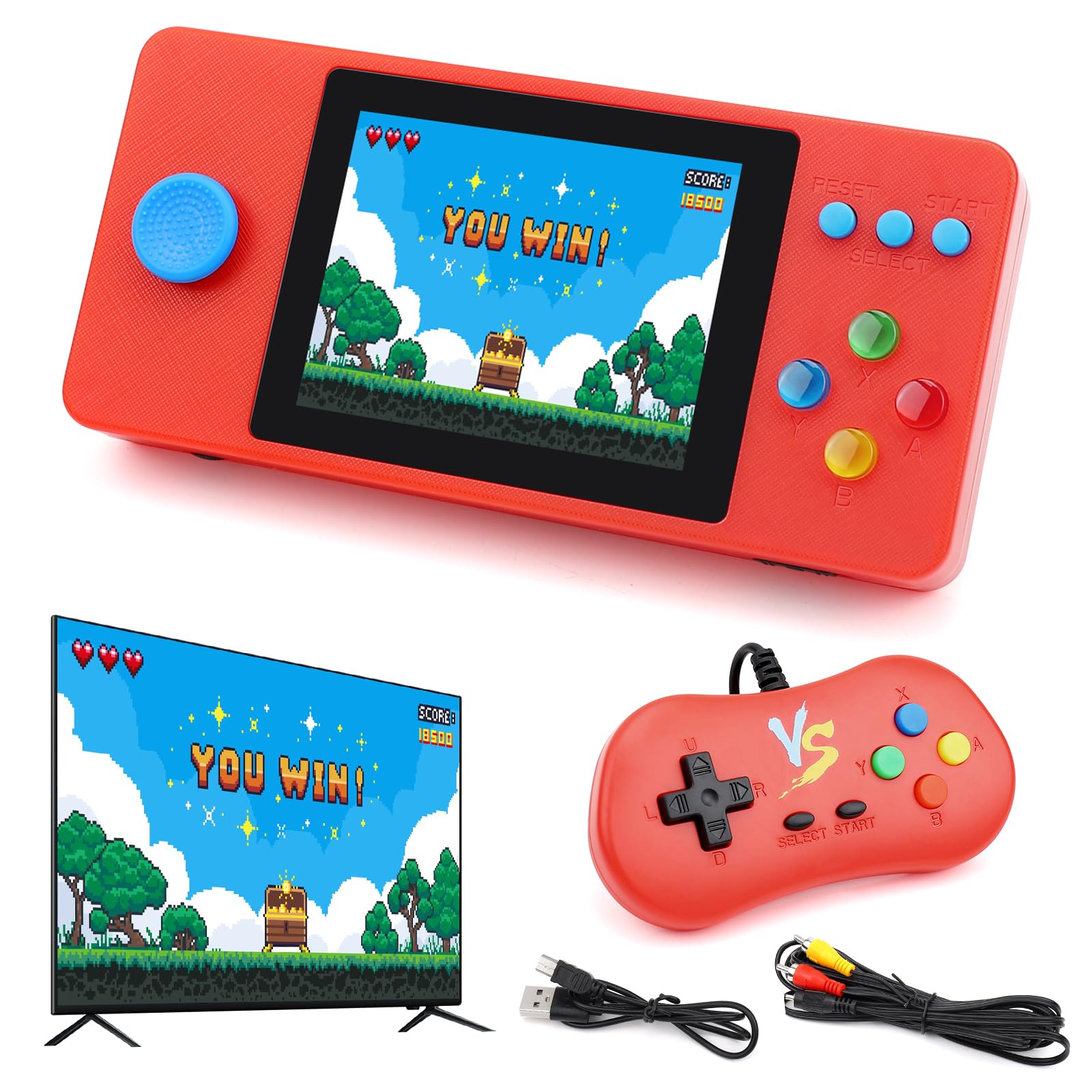 HAndPE Joystick Convenient to Hold Handheld Game Console, Retro Mini Game Player with 500 Classical FC Games Support for TV & Two Players, Rechargeable Battery, Present for Kids and Adult (Red)