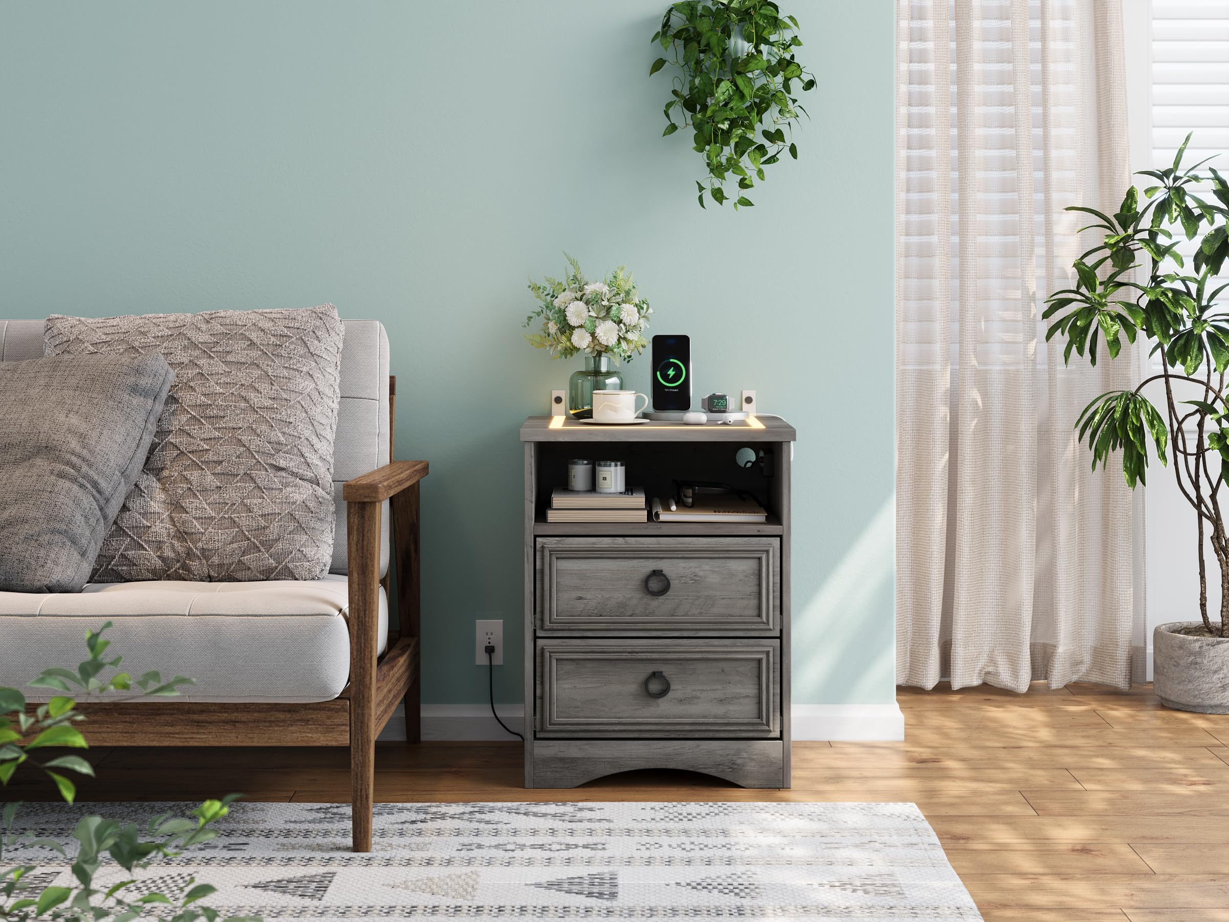 Nightstand with Strip Lights,USB Outlets Set of 2, Night Stand with Drawers, Accent Bed Side Table and End Table with Open Storage for Bedroom, Living Room,Gray