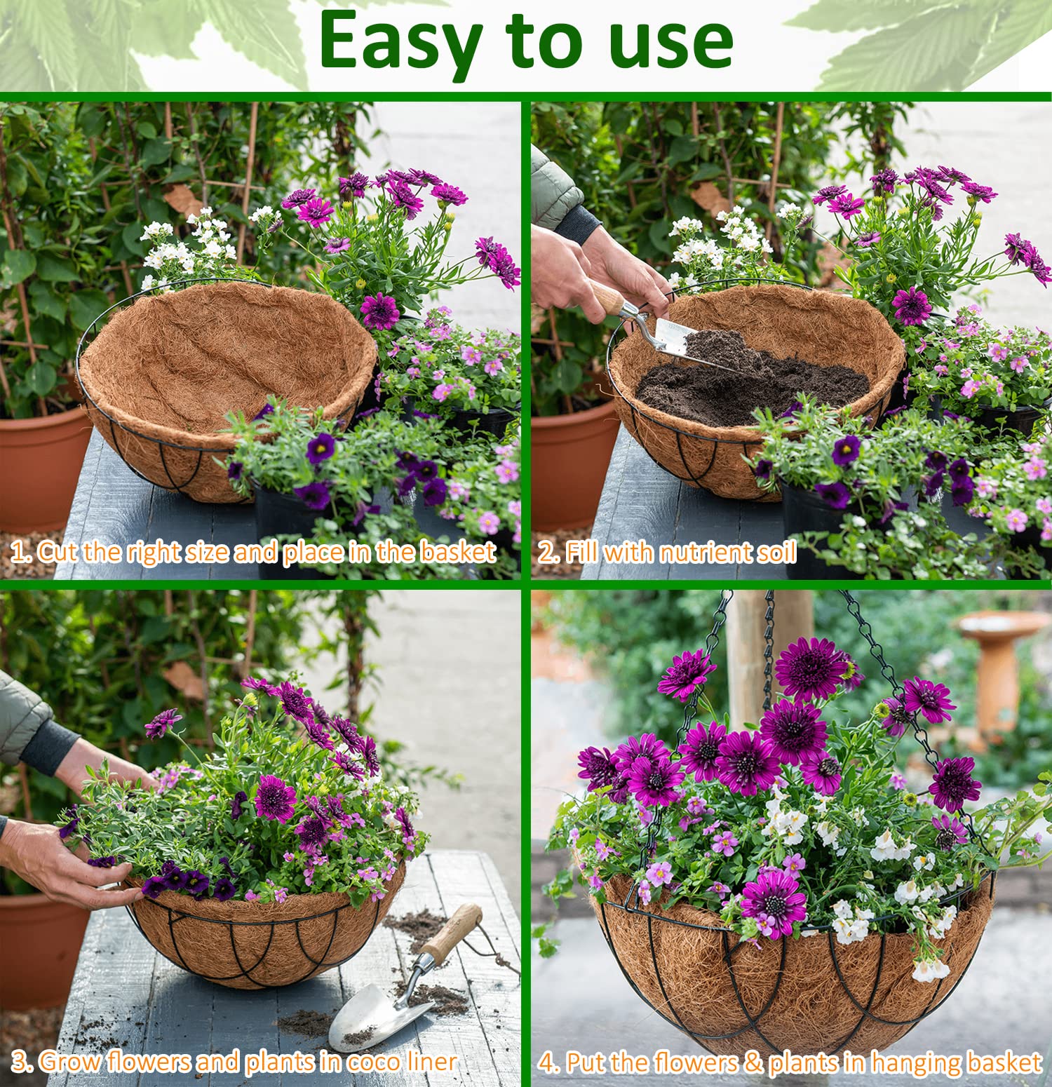 LCHUANG Coco Liners for Planters - 4 Pack 14 Inch Round Hanging Basket Liners, 100% Natural Coconut Fiber Replacement Liners for Hanging Baskets Planters Flowers, Plants, Vegetables (14'' Pack of 4)