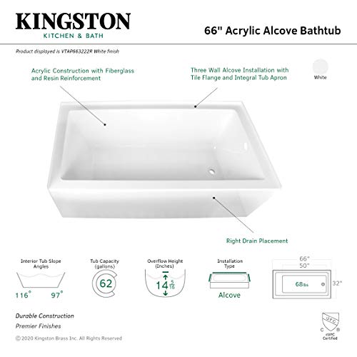 Kingston Brass VTAP663222R Aqua Eden Alcove Tub, 66" (L) x 32" (W) x 20-1/2" (D), White