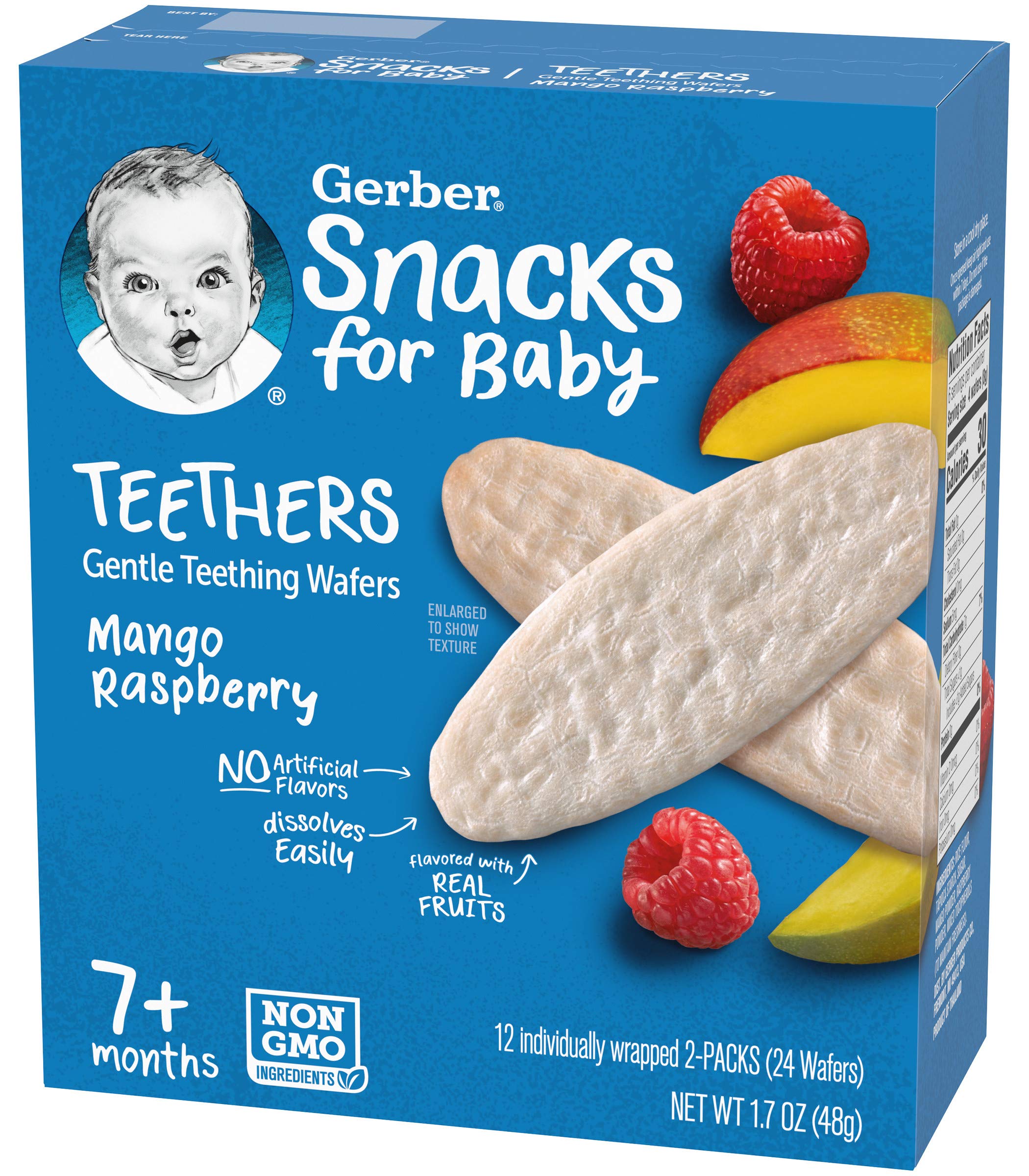 Gerber Snack for Baby Teethers, Mango Raspberry, Gentle Teething Wafers Flavored with Real Fruits, 12 Individually Wrapped 2-Packs (24 Wafers/Box) (Pack of 2 Boxes)