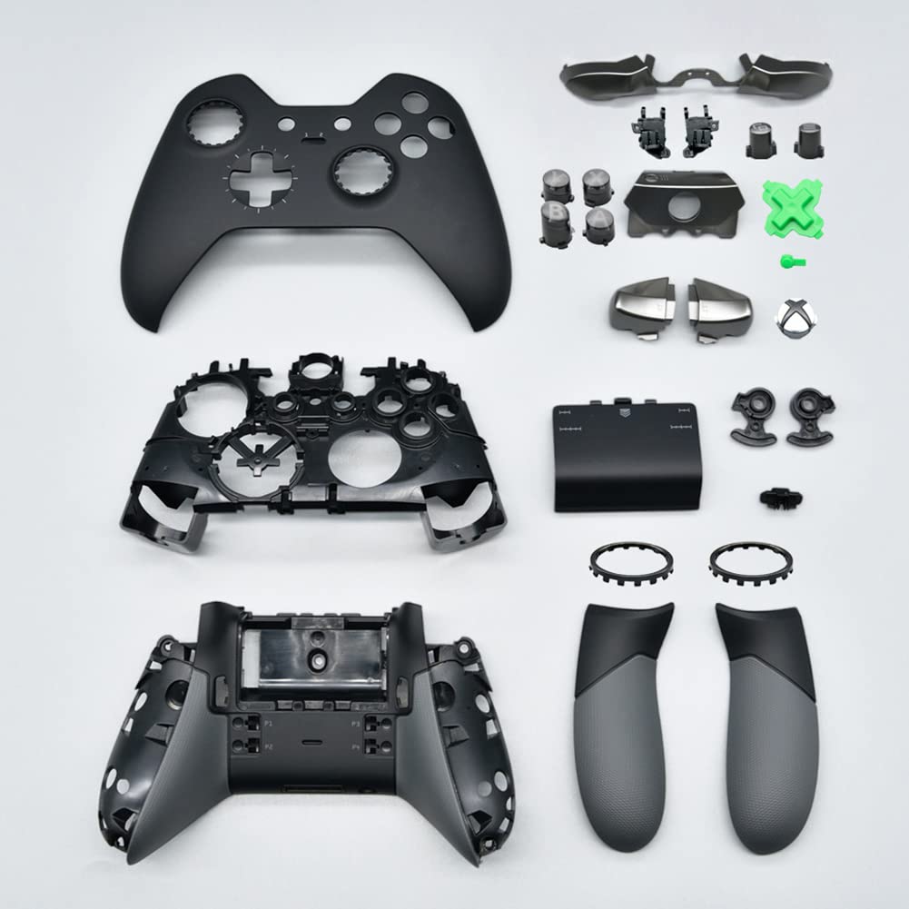 Junsi Housing Shell Case Kit Replacement Parts Compatible with Xbox One Elite Wireless Controller - Black, Include Faceplate + Battery Cover + Buttons + Side Rails