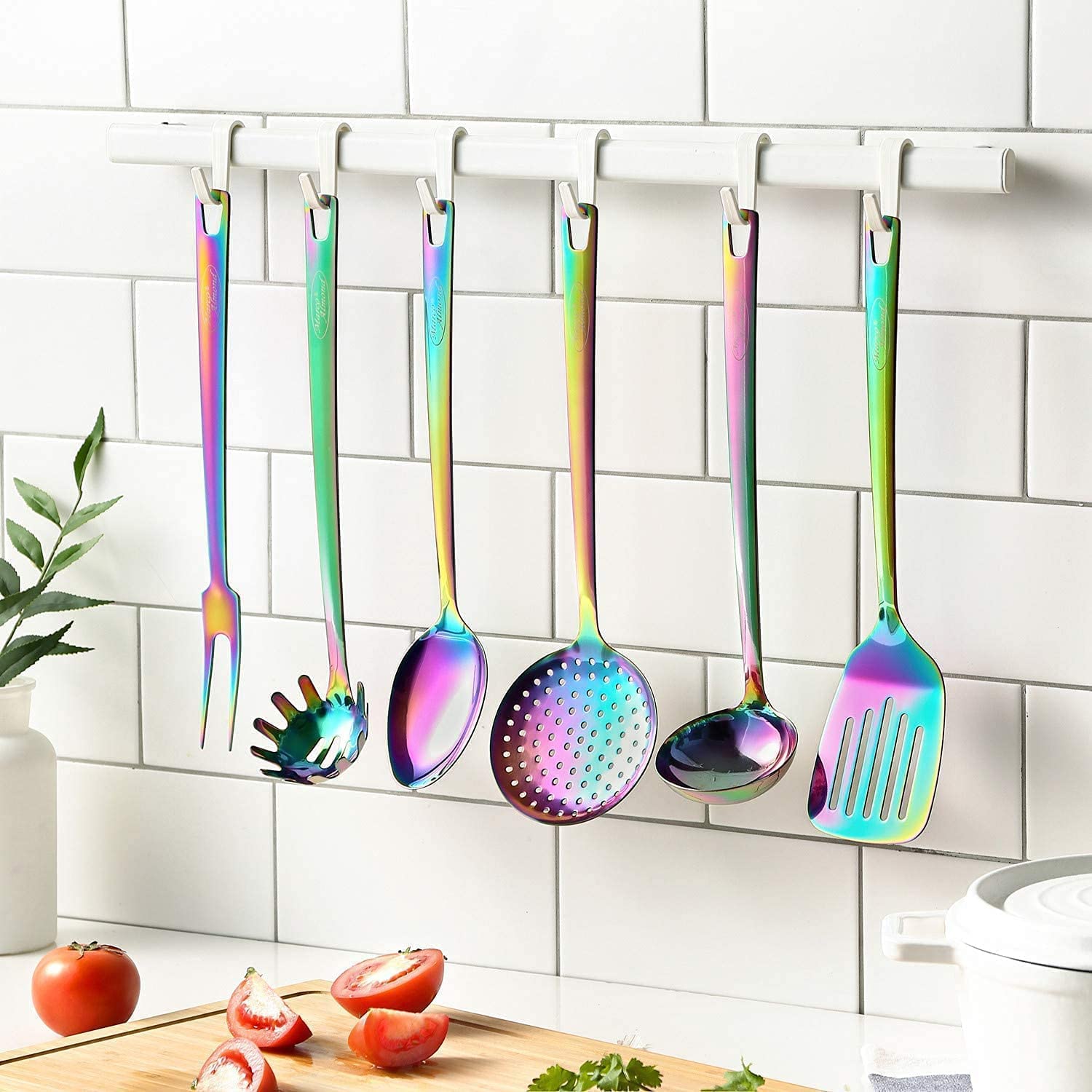 KYA35 14 PCS Rainbow Titanium Coating Cutlery Knives Block Set + KYA52B 7 PCS Stainless Steel Cooking Utensils Sets with Titanium Plated