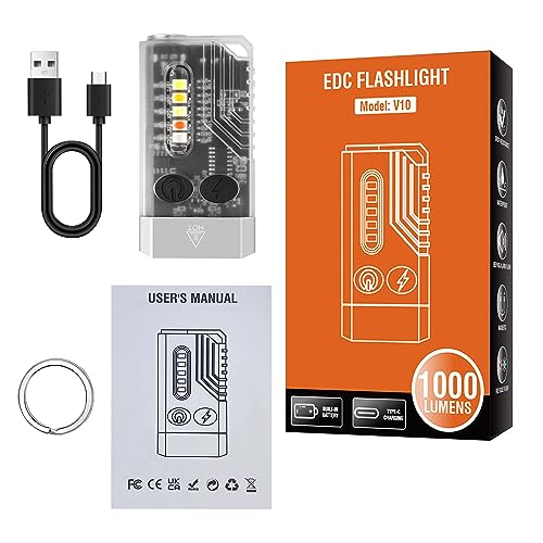 Hisim Mini Powerful Keychain Bright 1000 Lumens EDC Flashlight with 14 Lighting Modes, 365NM UV Light COB Side Light IPX4 Pocket Tail Magnet Buzzer Alarm Rechargeable Flashlight White