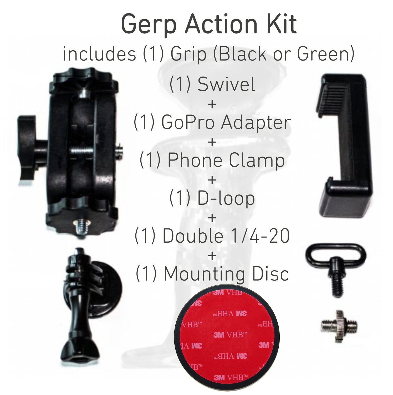 GERP Gear Action Kit - All-in-One Stand, Grip, and Mount Plus Accessories for Tablets, Phones, and Action Cameras - Black - Suction Mount, Swivel Mount, and Dual Tripod Mounts