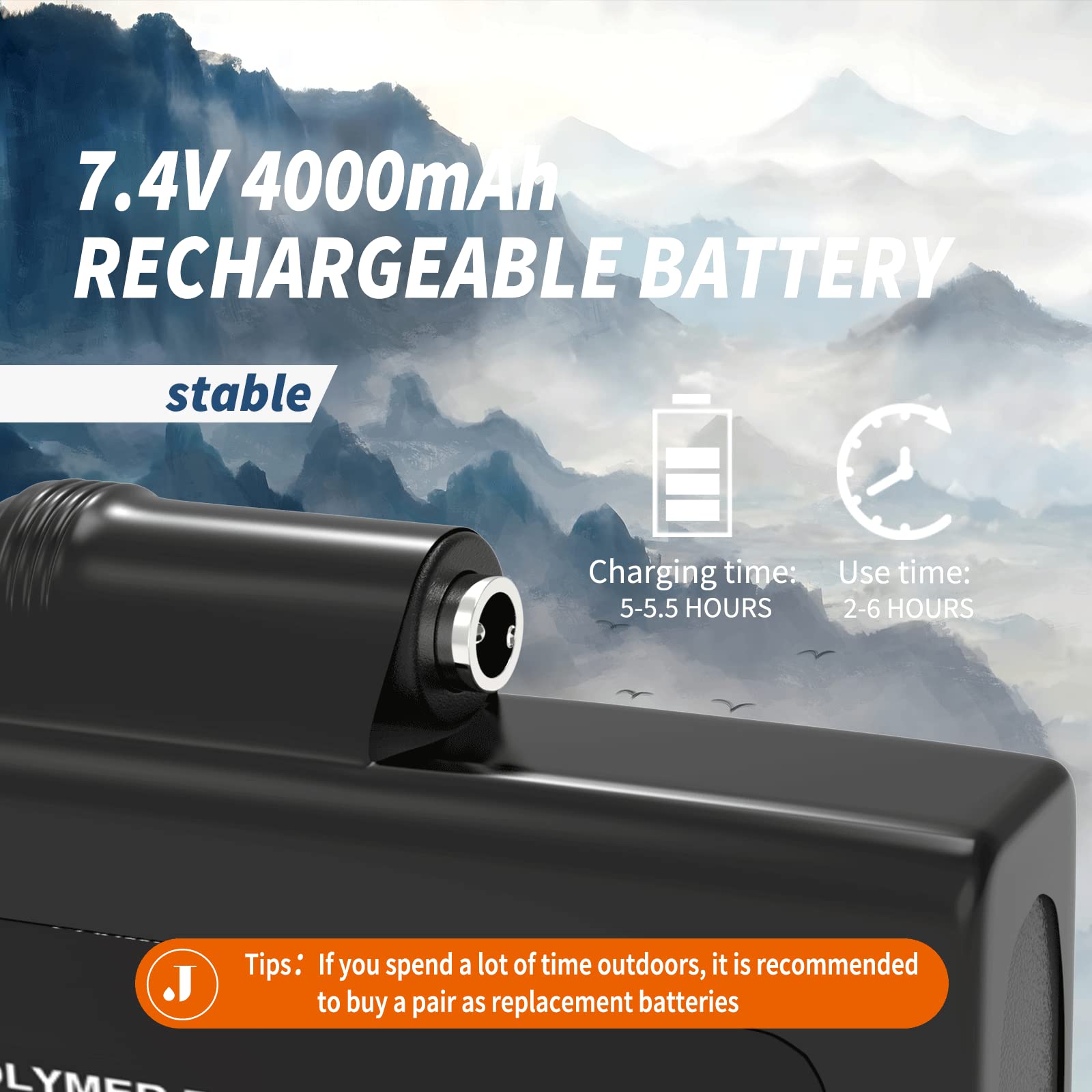J JINPEI Rechargeable 7.4V 4000mAh Li-ion Batteries, Rechargeable Batteries for Heated Underwear, Heated Sweatershirt (1pcs Included)