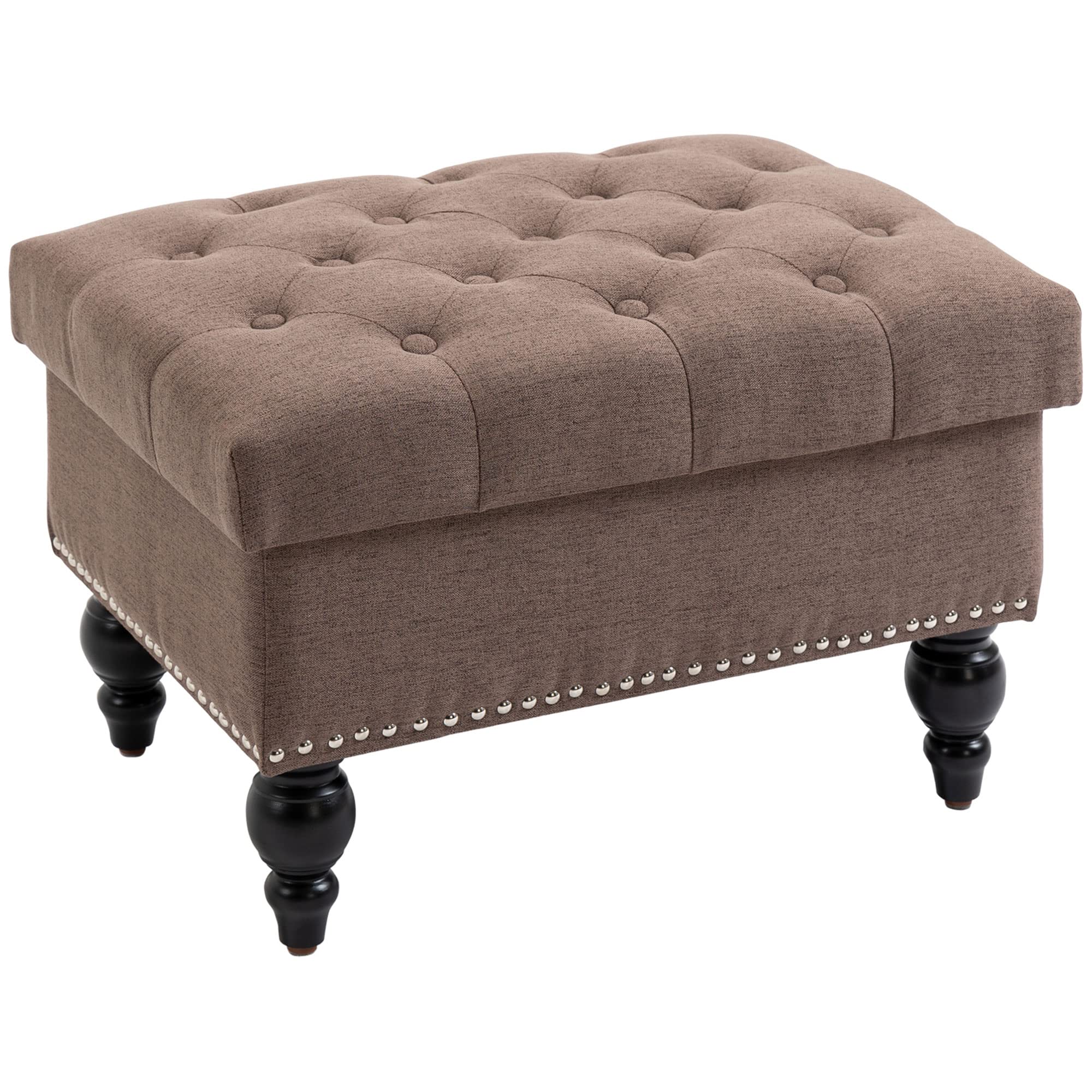 HOMCOM Ottoman with Storage for Living Room, 25" Storage Ottoman with Removable Lid, Button-Tufted Fabric Bench for Footrest and Seat with Wood Legs, Blue