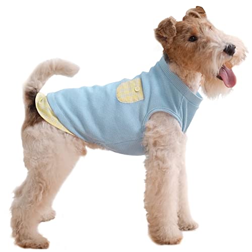 KYEESE Waffle Dog Shirt, Blue, L-Chest(18), Soft Stretchy, Lightweight, Breathable, Sleeveless, Plaid Patchwork, Small Breeds, Round Neck