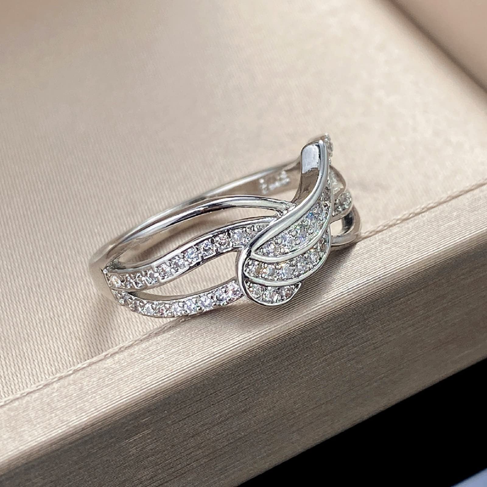 JASXEYO Angel Wings CZ Ring Big Feather Ring Jewelry Gift for Women,Feather Cubic Zirconia Fashion Ring, Platinum Plated Size 6-10 (7)
