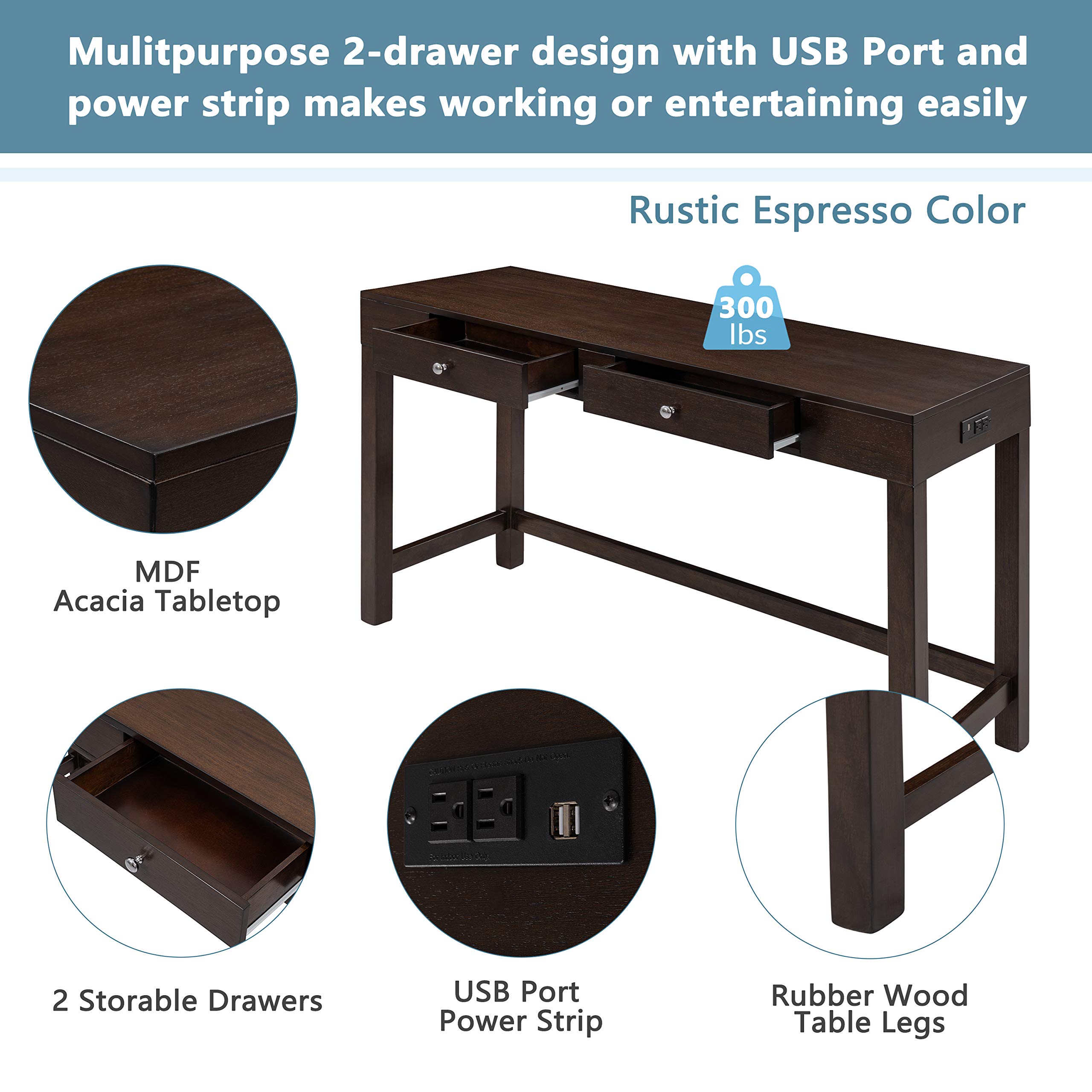 Merax 4-Piece Counter Height Bar Table Set with Socket and 2 Drawers, Mulitpurpose Rustic Bar Dining Table Set with 3 PU Leather Padded Stools, Espresso