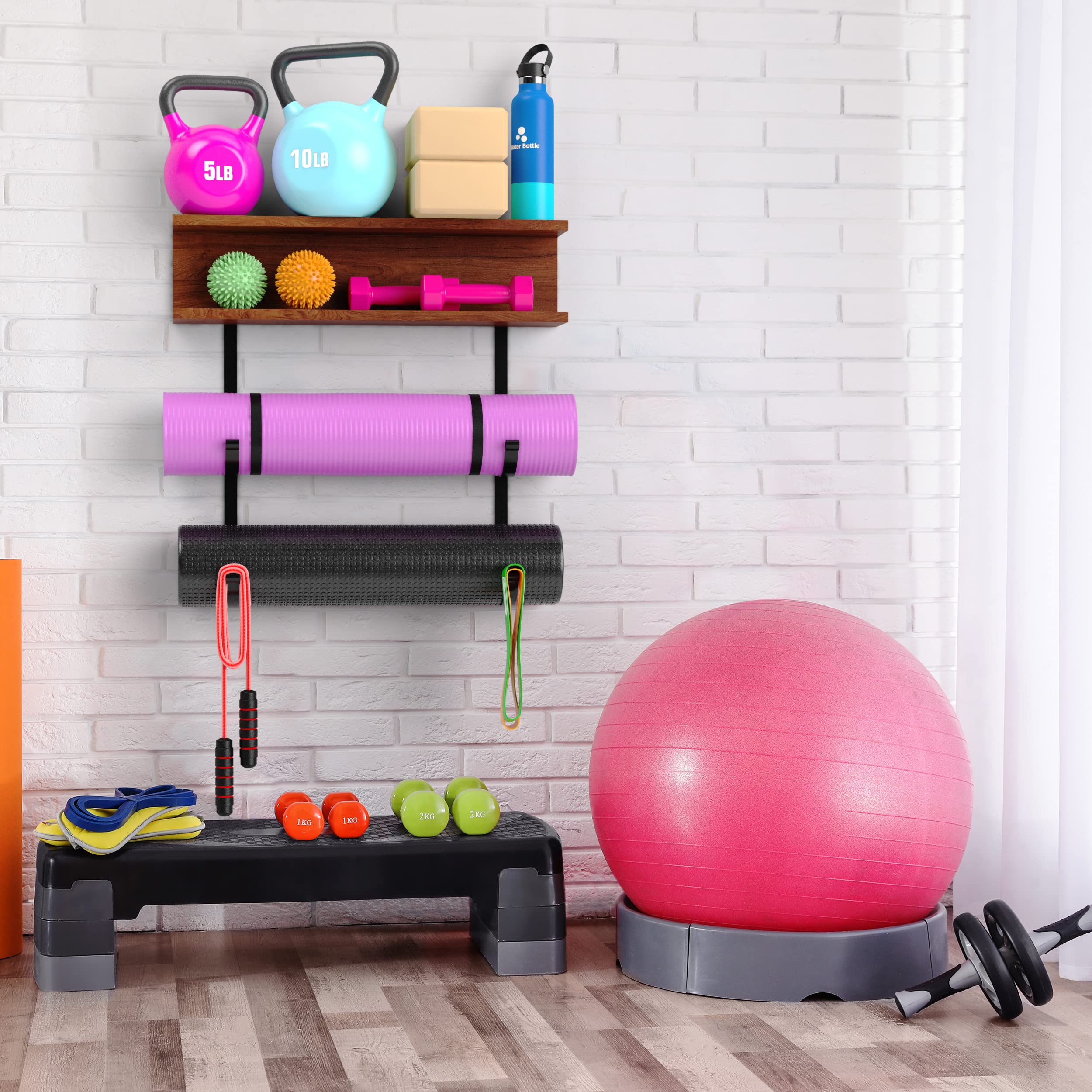 Houseables Yoga Mat Holder, Wall Mounted Organizer w/Shelf and Hooks, 23.5” x 6.75” x 5.5”, Brown, Black, Wood, Metal, Foam Roller Hanging Rack, Workout Accessories Storage, Home Gym Exercise Mount