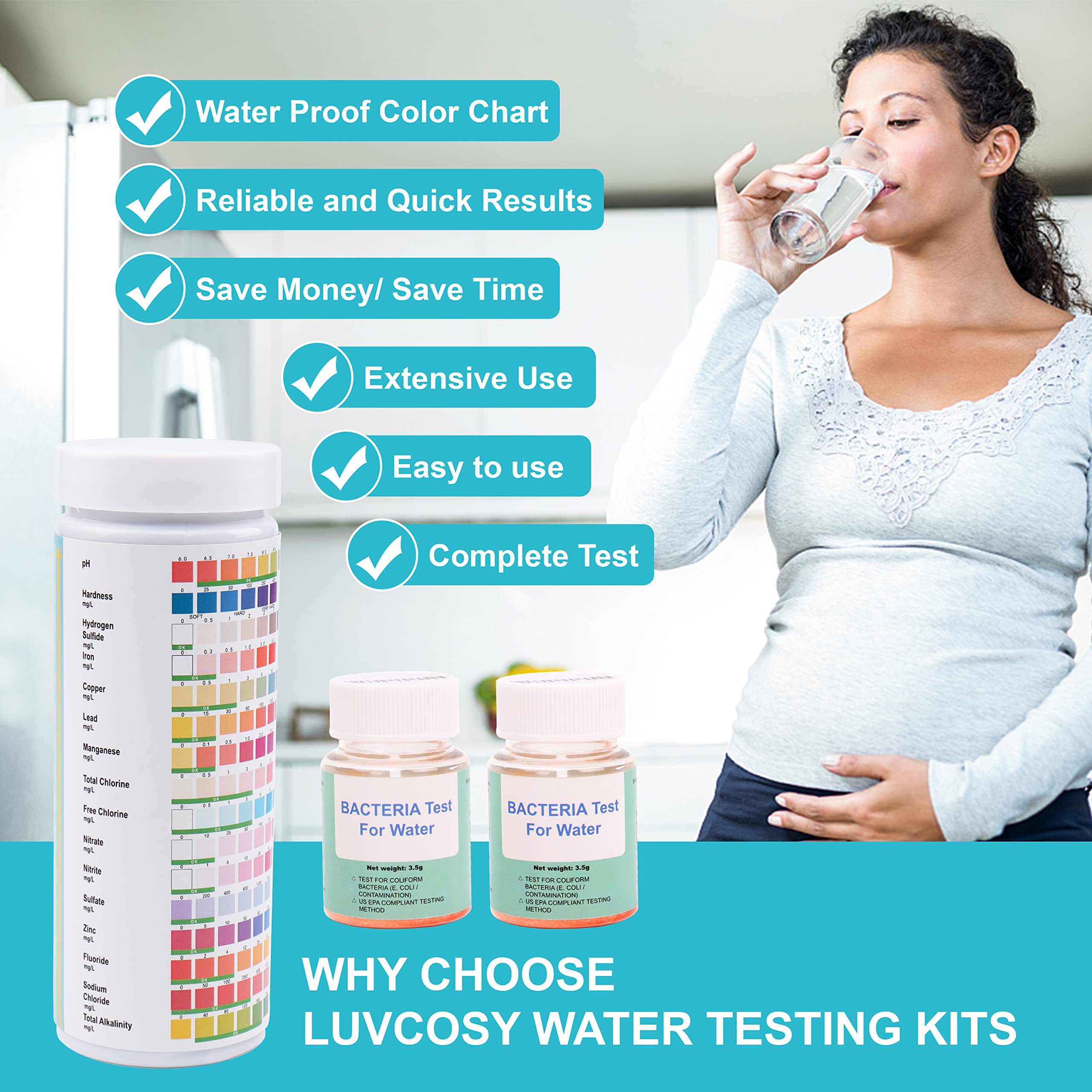 LUVCOSY 17 in 1 High Precision Water Testing Kits for Drinking Water and Swimming Pool Water Test, 100 Strips + 2 Bacteria Tests detect pH, Copper, Lead, Iron, Bacteria, Hardness and More