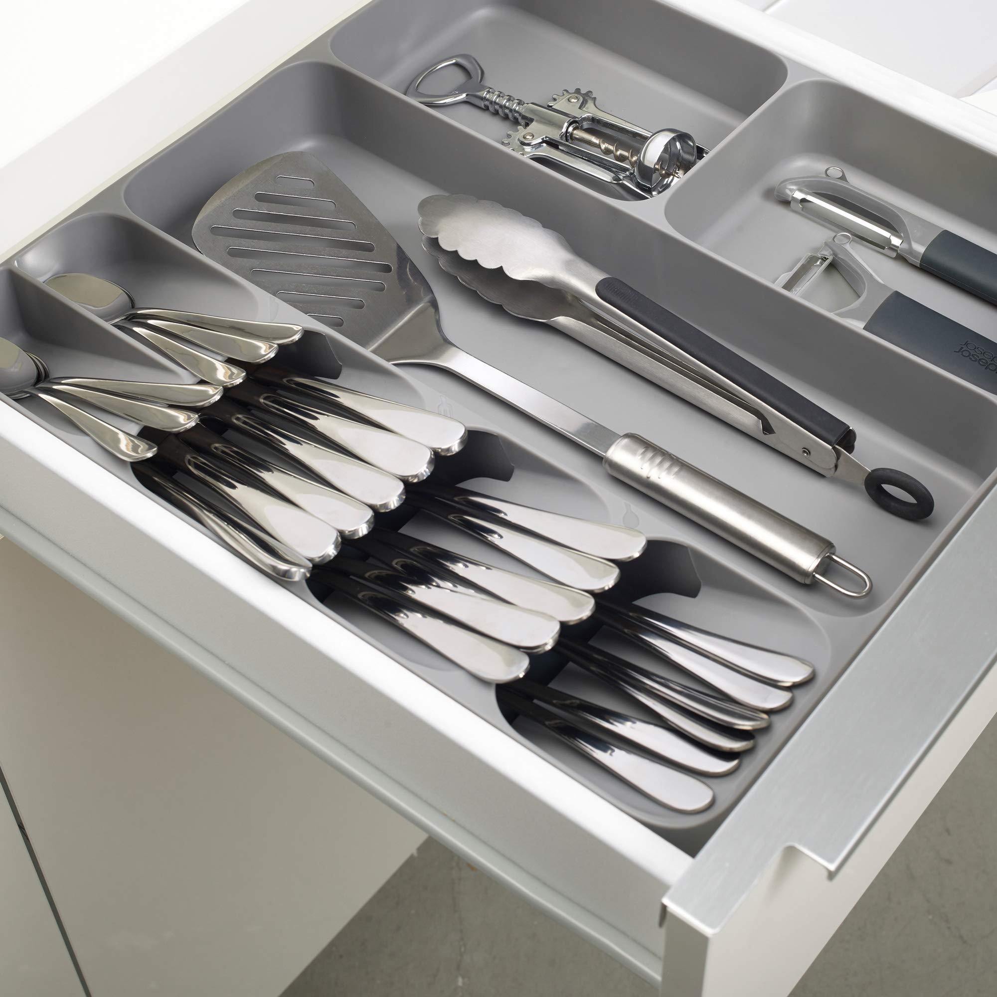 Joseph Joseph DrawerStore Kitchen Drawer Organizer Tray for Cutlery Utensils and Gadgets, Gray, 15.6 x 15.1 x 2.1 Inches & 85120 DrawerStore Kitchen Drawer Organizer Tray for Knives Knife Block, Gray