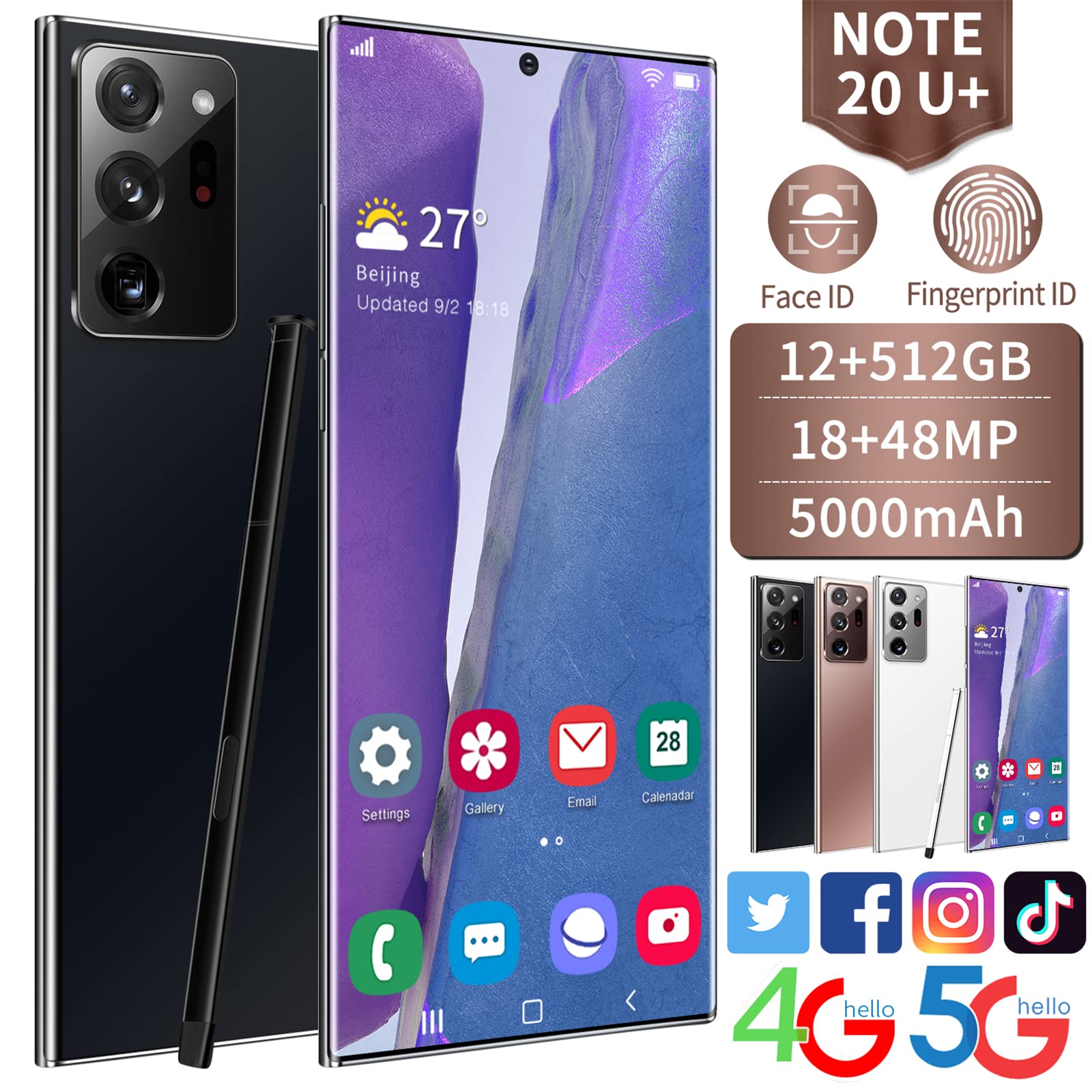Lenove Note20U+ Smartphone Unlocked(48MP Rear HD Camera,5g Dual Sim Three Card Slots,MTK6889, 6.9 Inch Full-Screen,Face Id, 5000mah Long-Lasting Battery,Smart E Pen) (Black,12G+512G)