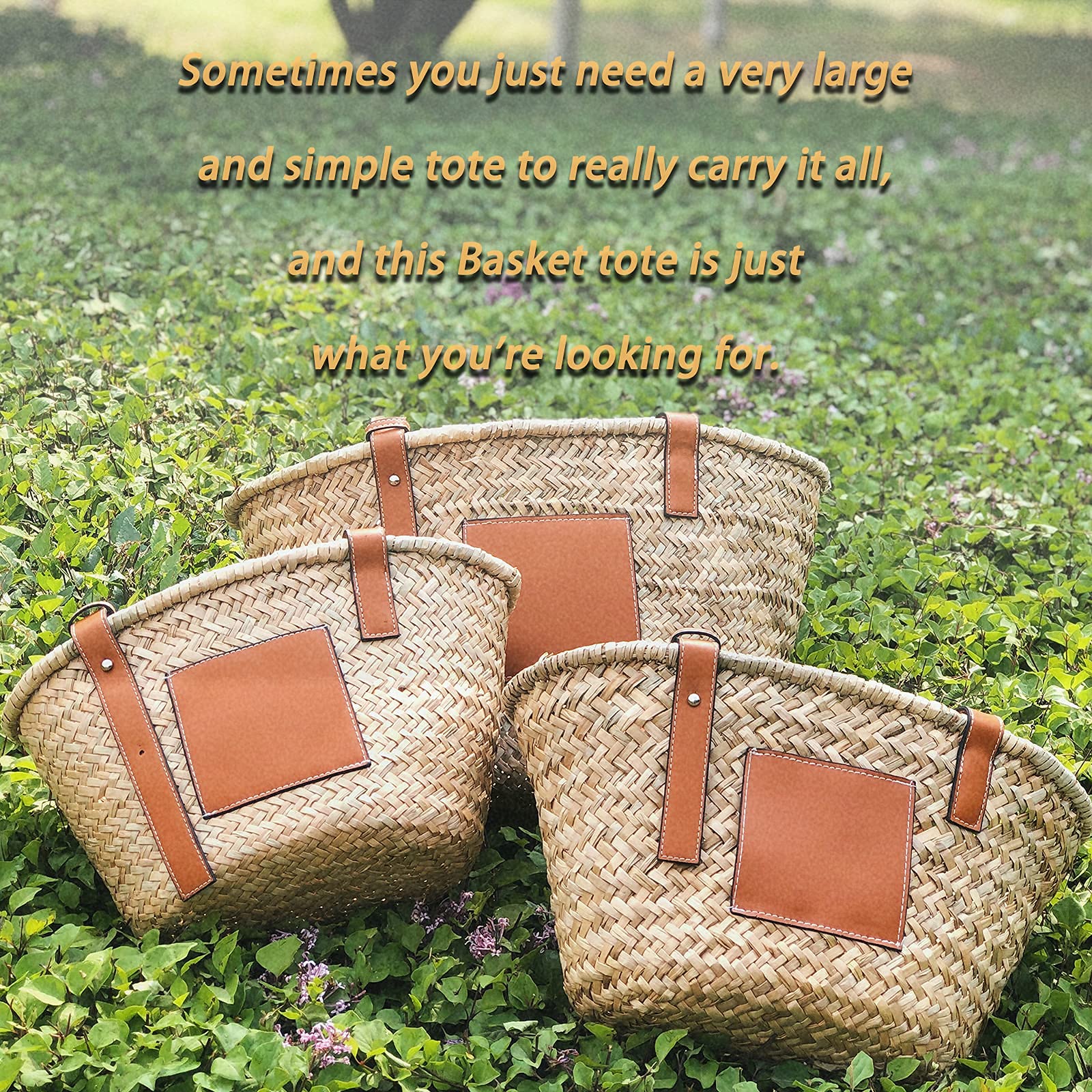 JAYAVENTURA Straw Basket Tote Bag for Women PU Leather Strap Hollow Out Woven Top Handle Straw Purses and Handbags Summer Beach (Brown)