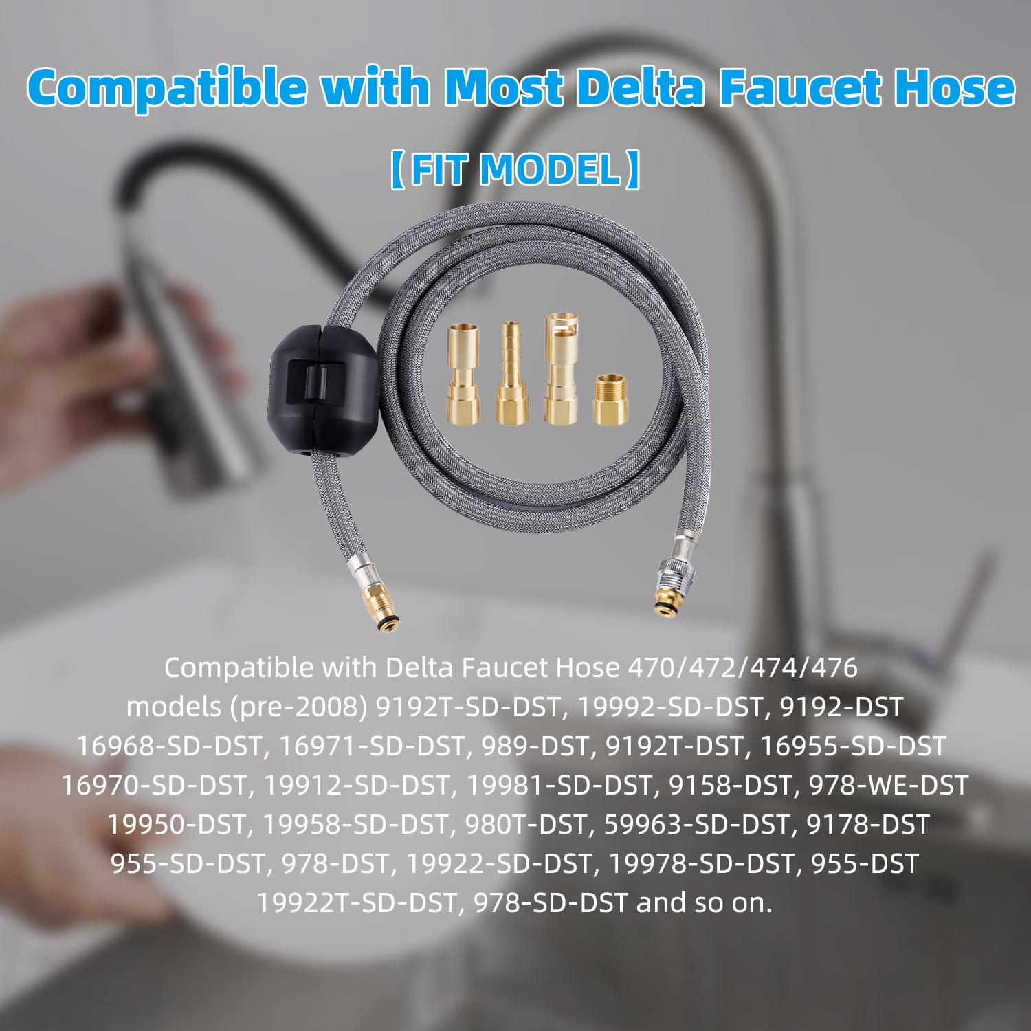 Hygie Rinse RP50390 RP44647 Kitchen Faucet Hose Replacement Compatible with Delta DST/Non-DST Faucets, Pull-Down Pull-out Faucet Spray Hose Replace with 4 Adapters, 67 Inches Chrome