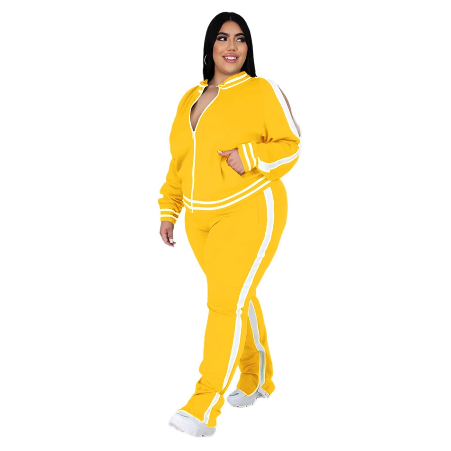 Hooreatee Jogging Suits for Women Plus Size Tracksuit Long Sleeve Zip Up Stripe Jackets Running Sweatpants 2 Piece Sweatsuits Set Yellow 2XL