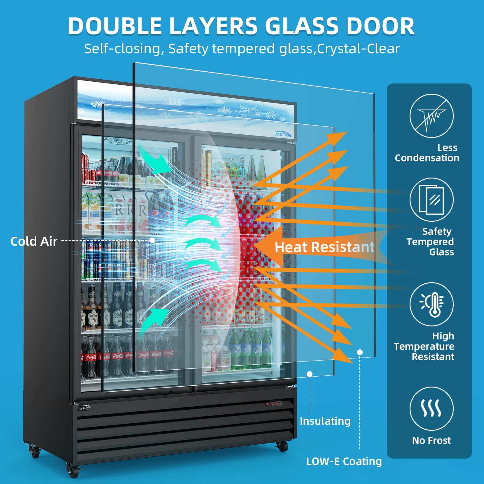 JAE Double Doors Merchandiser Refrigerator, Low-E Tempered Glass Display Refrigerator, Auto-defrost Upright Beverage Cooler w/Digital Temp. Control, R290 Eco-friendly Compressor, ETL, 31.1 Cu. Ft