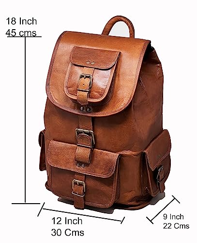 jaald 18" Brown Leather Backpack Vintage Rucksack Laptop Bag Water Resistant Casual Daypack College Bookbag Comfortable Lightweight Travel Hiking/Picnic for Men