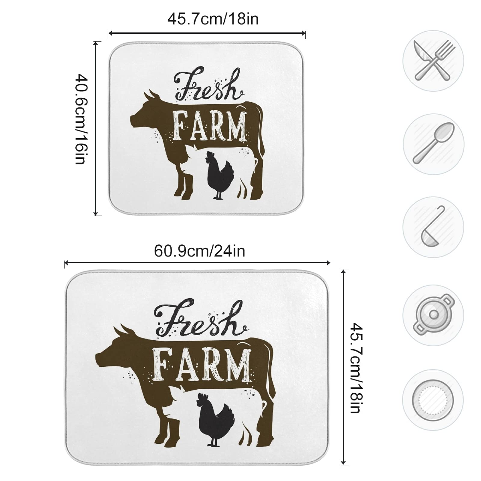 Kcldeci Dish Mat Dish Drying Mat for Kitchen, Kitchen Drying Pad Farmhouse Dish Drainer Rack Farm Cow Rooster Cock Drying Mat 16 X 18 Inch