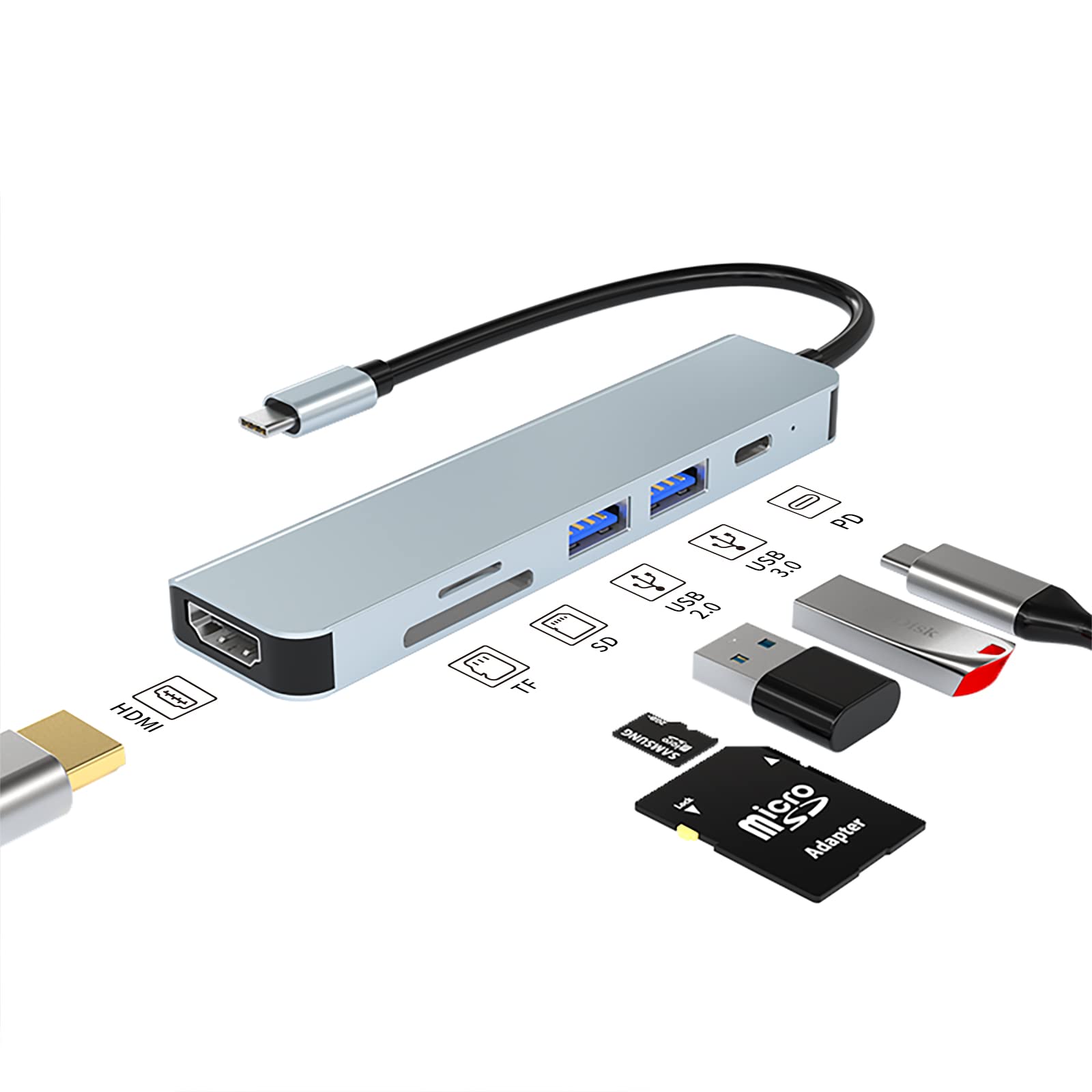 INT'L Flyer USB C Hub Multiport Adapter, 6-in-1 Type C Portable Docking Station with 4K HDMI, USB 2.0/3.0 Ports, SD/TF Card Reader,65W Power Supply Compatible with Cell Phone/MacBook/Type C Devices