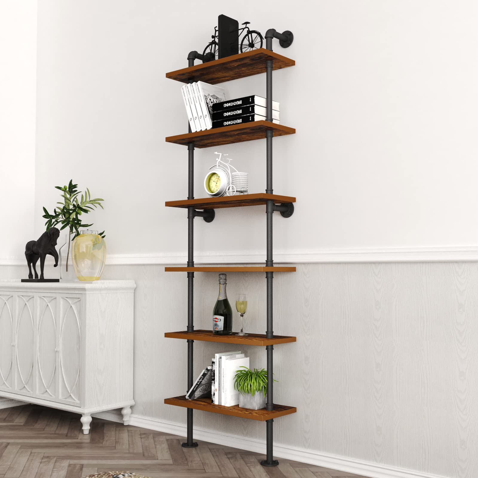 HOMEKAYT Wood Wall Shelf Ladder Bookshelf Wall Mounted Storage Decor Shelf for Home, Office, Living Room(6-Tier)-Black