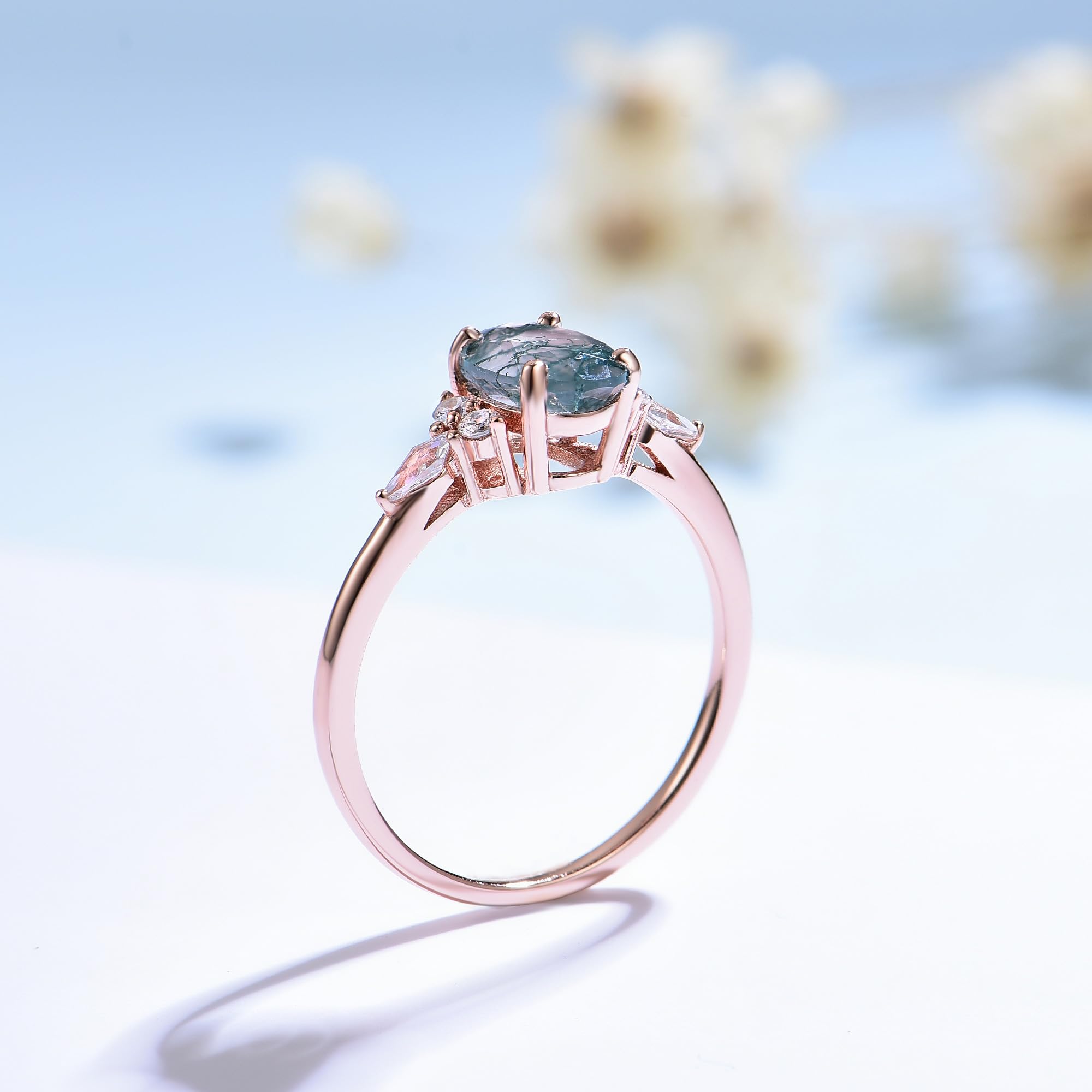 ITI KUOLOLIT Natural Moss Agate Ring Sterling SilverWedding Engagement Ring Green Agate Promise Wedding Rings for Women 6*8 Oval (Moss agate White, 8)