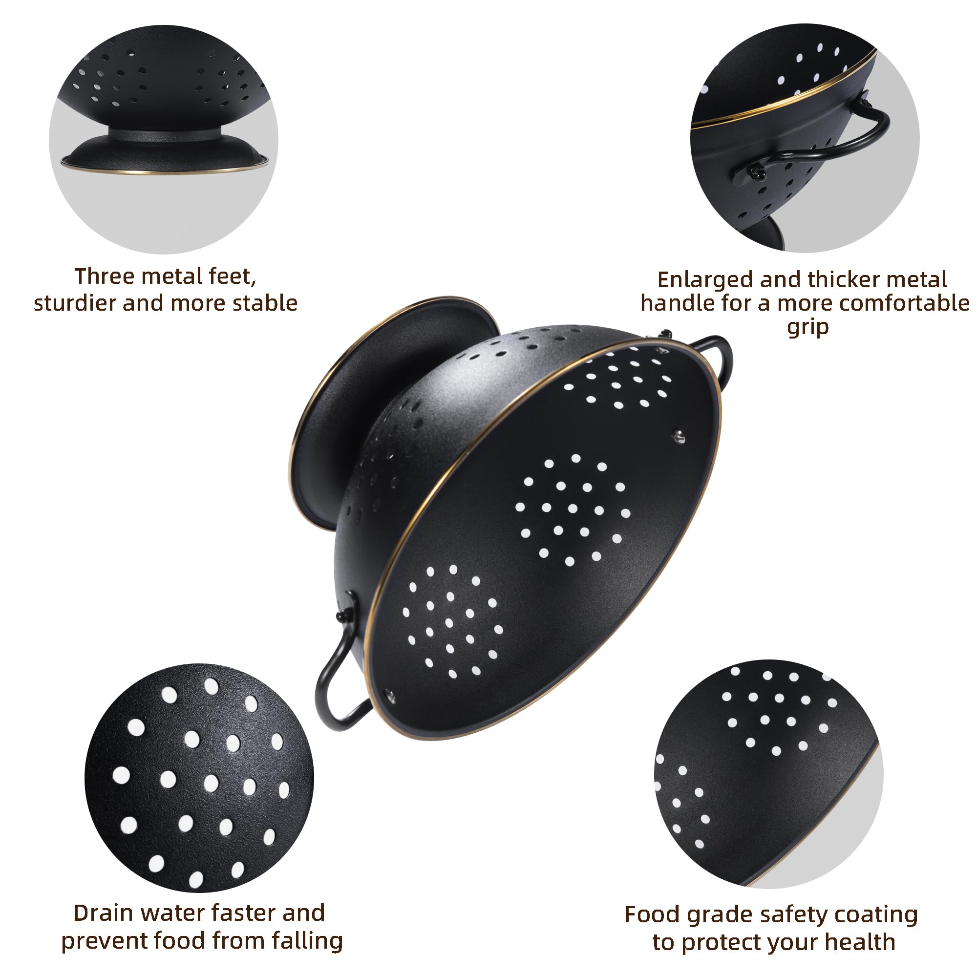 Metal Colander Set of 2, Strainer Basket with Handles perfect for Spaghetti, Pasta, Berry, Vegetable, Fruit, Solid Base Powder Coated Self-draining Kitchen Colander Bowel, 3.5 & 5 Qt, Matte Black