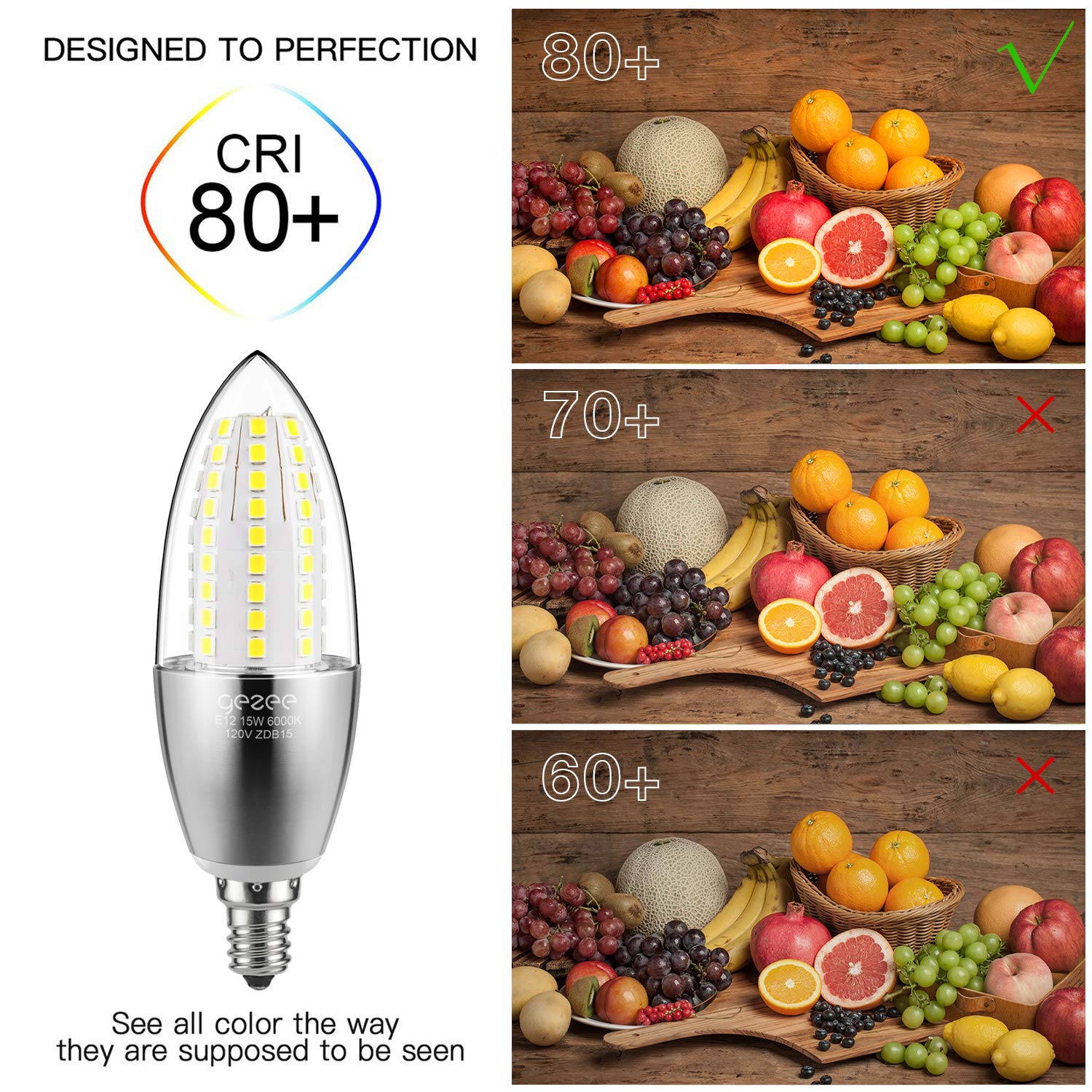 GEZEE LED Candelabra Bulb, Non-Dimmable 120Watt Light Bulbs Equivalent, 15W LED Candle Bulbs,Daylight White 6000K Chandelier Bulbs,4.3in, E12 Candelabra Base, 120V, 1500Lumens, Torpedo Shape(4 Pack)
