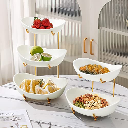 HOMKULA Fruit Bowl for Kitchen Counter - 3 Tier Ceramic Serving Bowls with Metal Stand, Tiered Fruit Basket for Fruit Vegetable Storage, Snack, Nuts, Cake, Dessert (Gold)