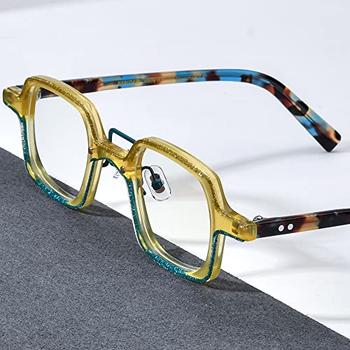 HEPIDEM Powder Acetate Glasses Frame Men Vintage Square Eyeglasses Women Optical Spectacles (9318 Yellow Blue)