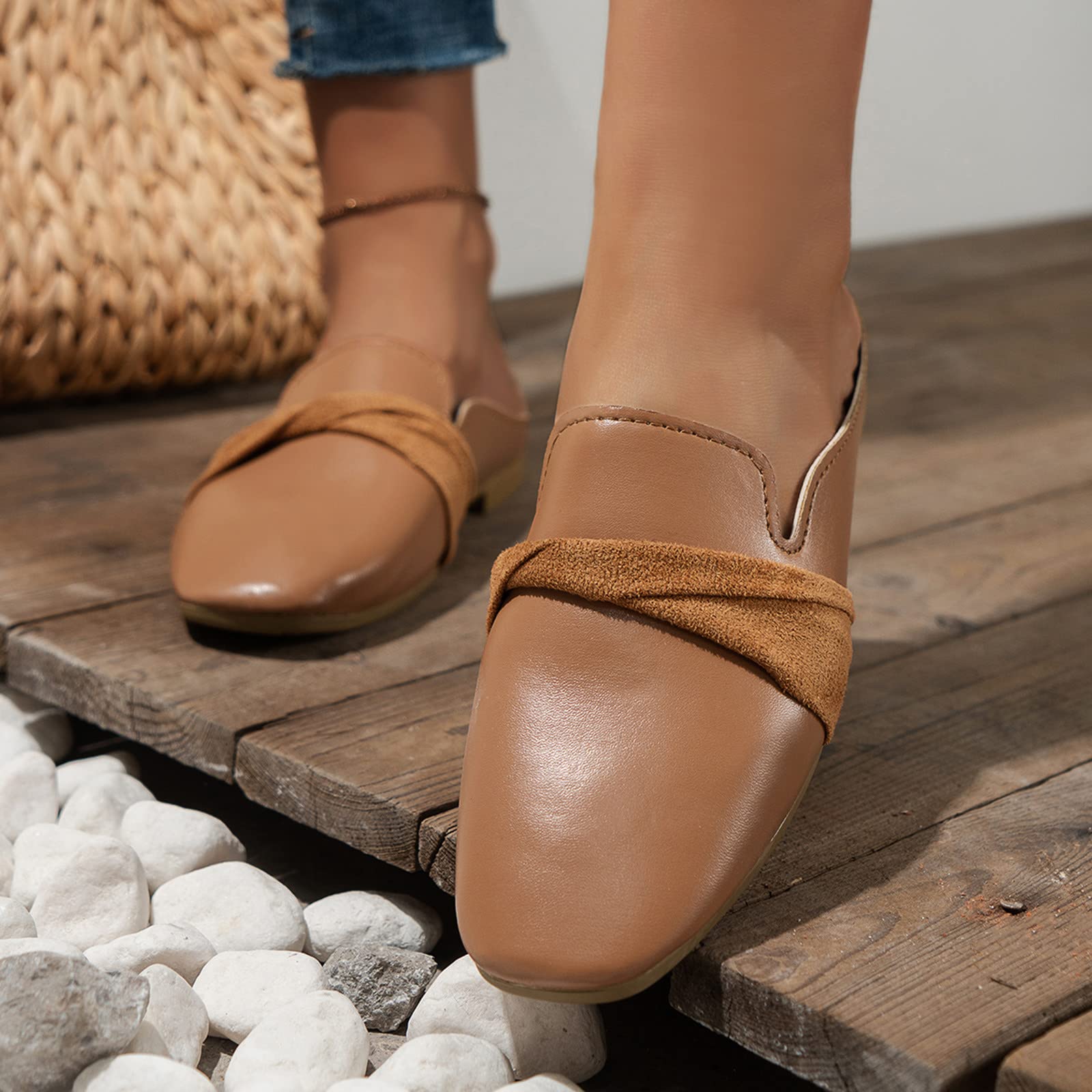 Ladies Fashion Solid Color Leather Round Head Half Slippers Flat Comfortable Casual Casual Shoes for Women with Heel Brown