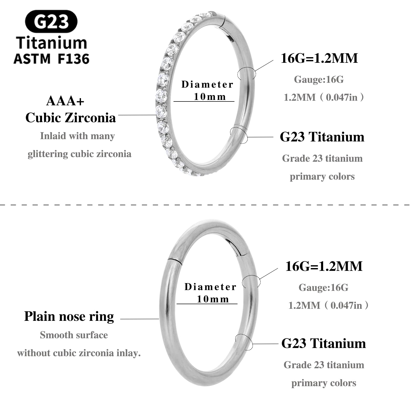HeraBPJW 2 PCS 16G Septum Ring G23 Titanium Cubic Zirconia Nose Rings Hoops,Suitable for Nose,Septum,Cartilage,Earlobe