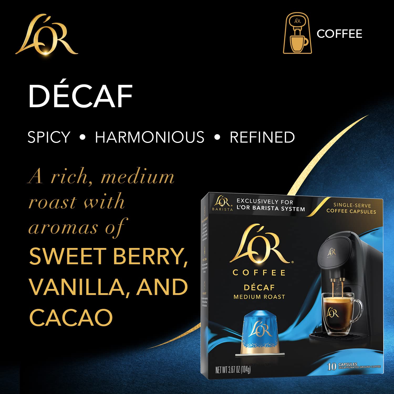 L'OR Coffee Pods, 30 Capsules DECAF Medium Roast, Single Cup Aluminum Coffee Capsules Exclusively Compatible with the L'OR BARISTA System