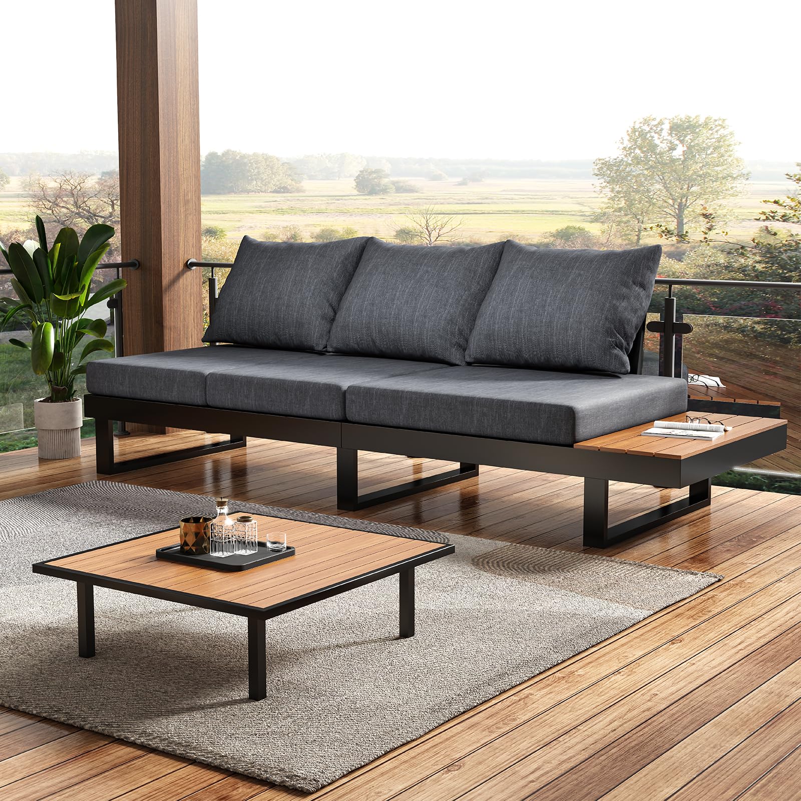 LUXOAK 3-Piece Patio Furniture Sets, Outdoor Aluminum Furniture Sofa, with Wood Side Table & Washable Cushions(Adjustable Backrest)