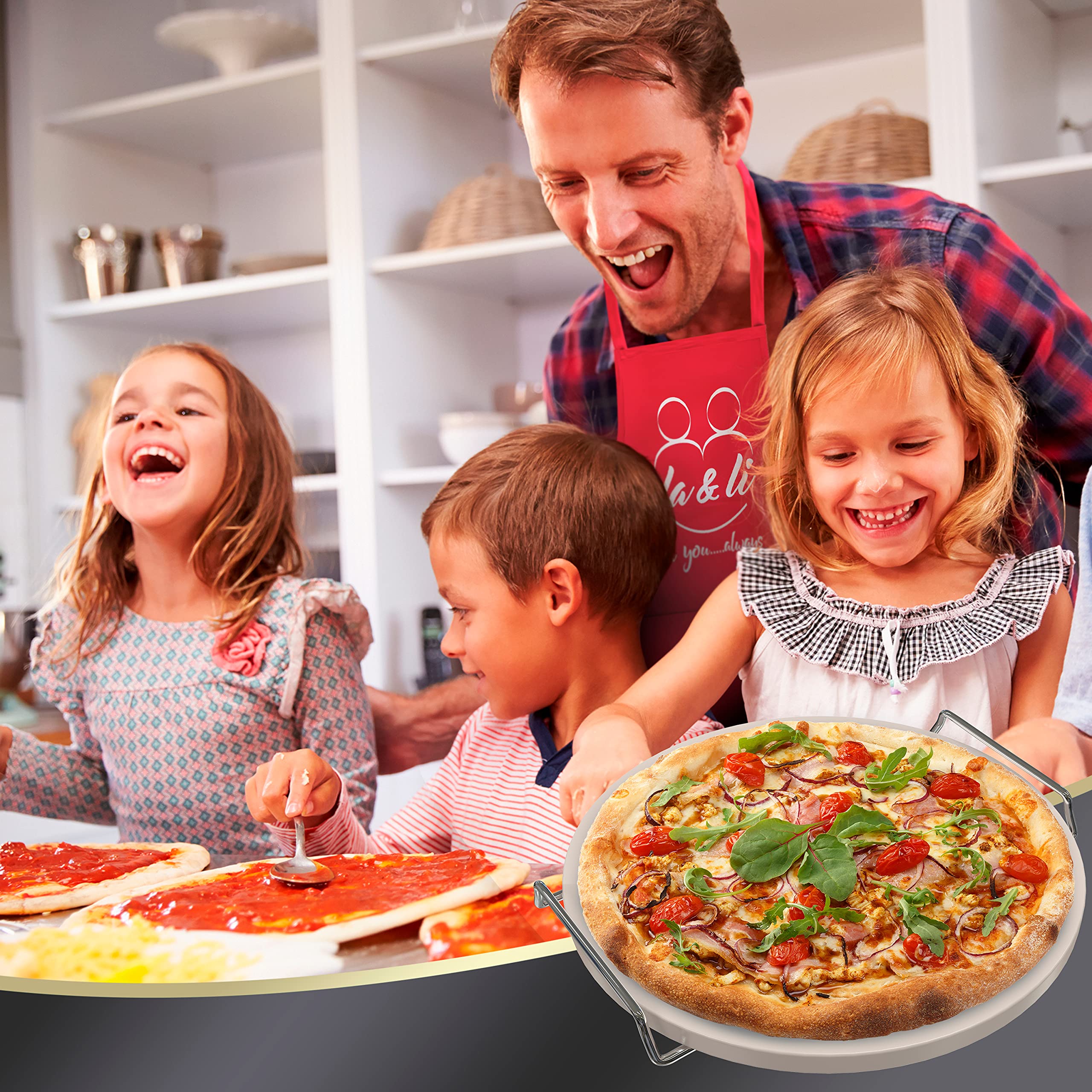 La & Li Pizza Stone for Grill and Oven - 13" Ceramic Round Oven Pizza Stone Set with Multipurpose Rack with Handles, 6 Plates, & Apron - Pizza Stone for Oven for Baking, Pizza, Bread, Cookies, & More