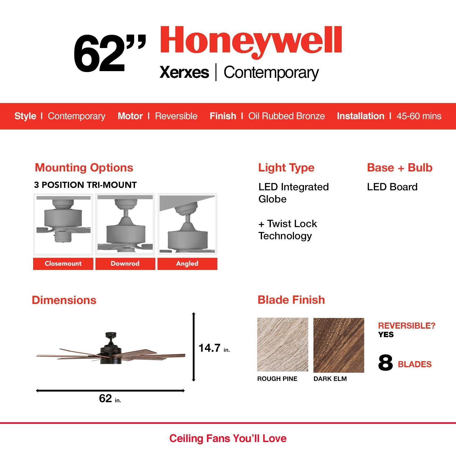 Honeywell Ceiling Fans 50609-01 Xerxes Ceiling Fan, 62, Oil Rubbed Bronze (Renewed)