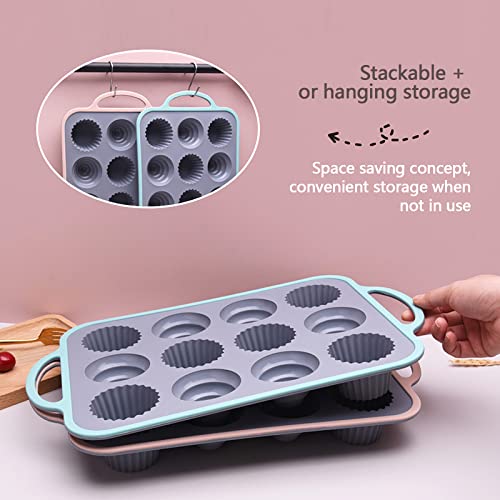 IKOJING Muffin Pan Silicone Baking Pan, Muffin Tin, 12-Cavity Cupcake Chocolate Silicone Mold, Non-Stick Baking Cup, BPA Free, Dishwasher Safe, 201 Stainless Steel Inside, No Deformation (Pink)