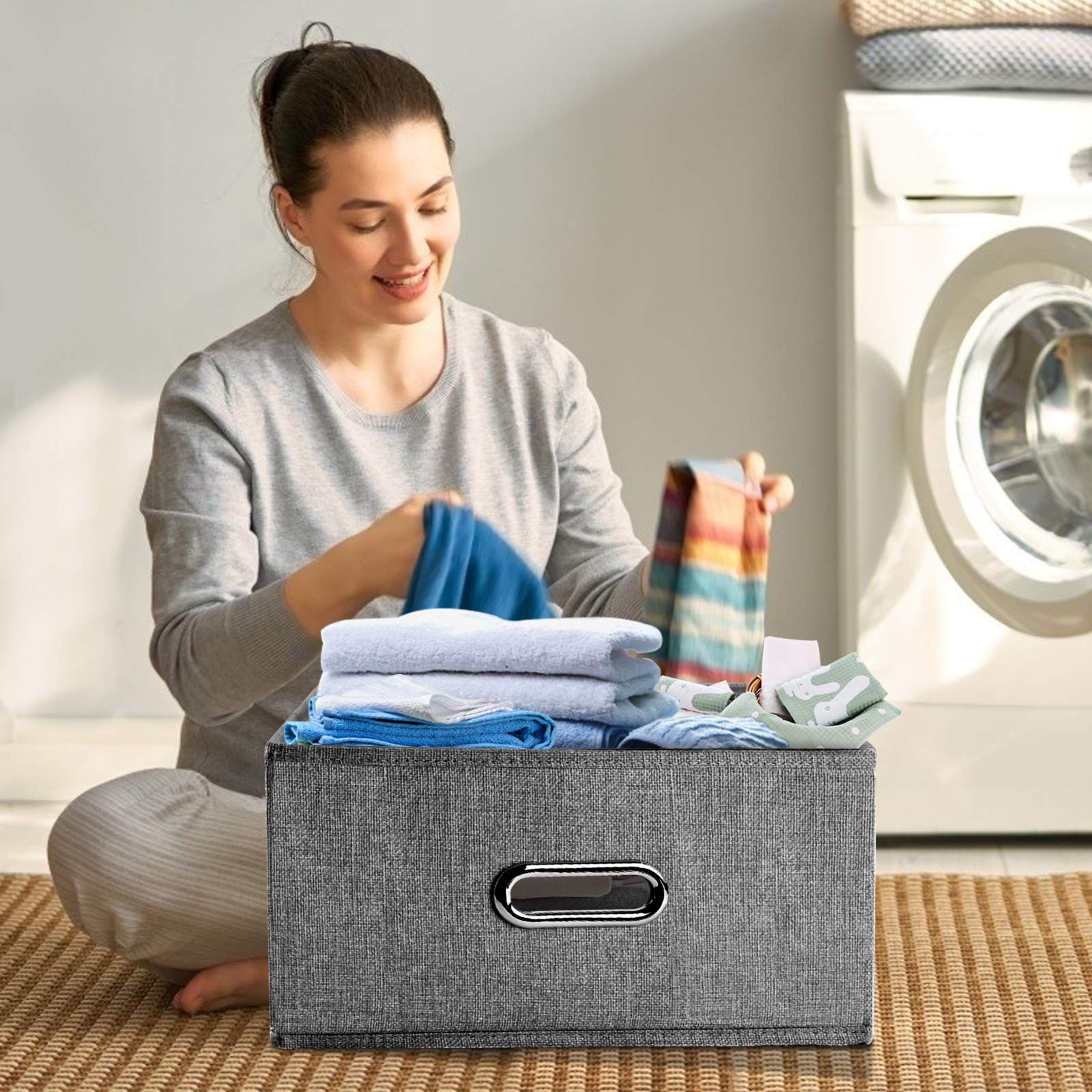 HONGKERNE Linen Fabric Storage Bin with Lid[1-Pack] Foldable Storage Box Organizer Storage Basket with Lid Closet Storage Bins for Clothes Storage Containers for Bedroom Office Home (Gray, Small)