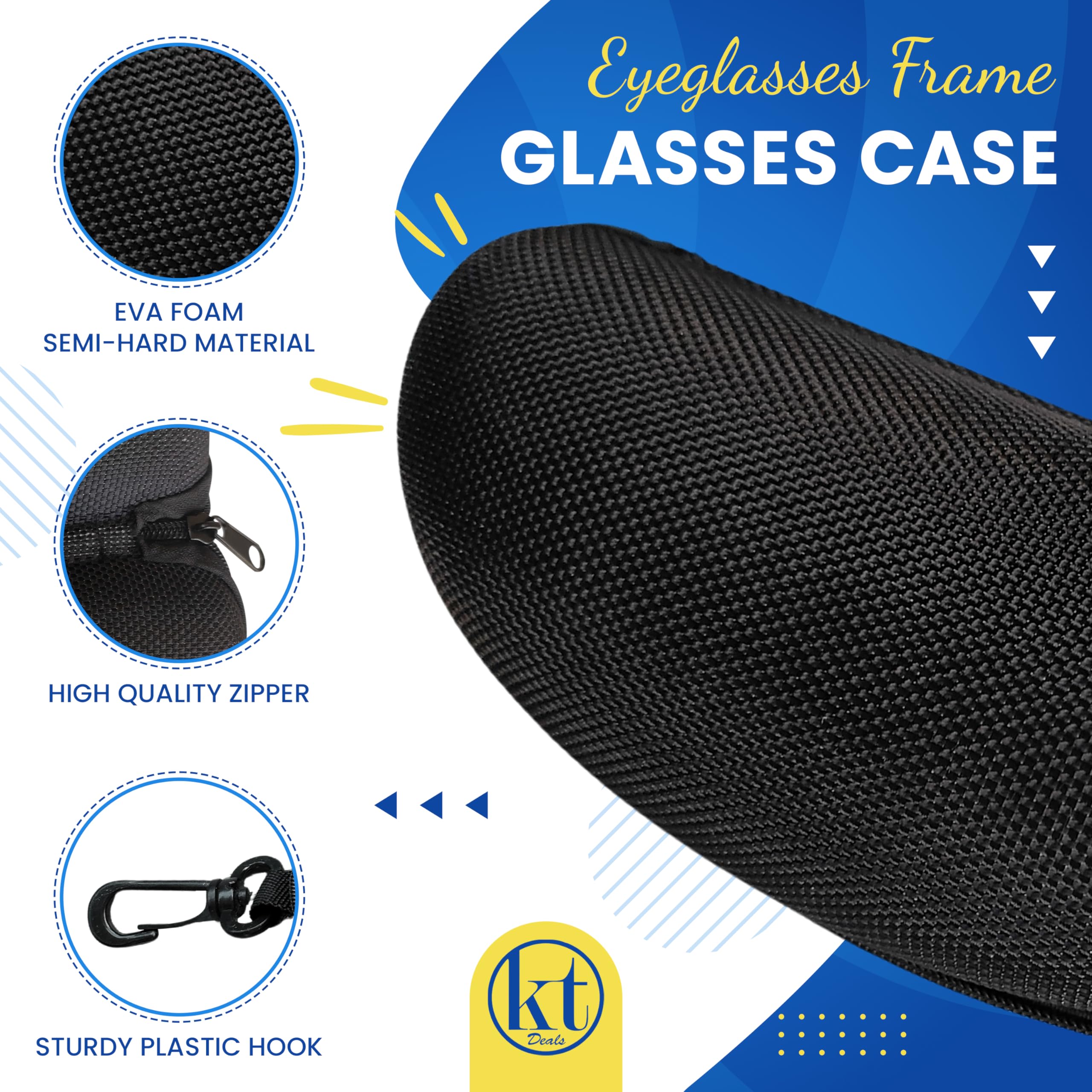 KT Deals Zipper Hard Shell Sunglasses Case and Eyeglasses Case Portable Travel Glasses Case with Plastic Hook, One Size - fit most, Black