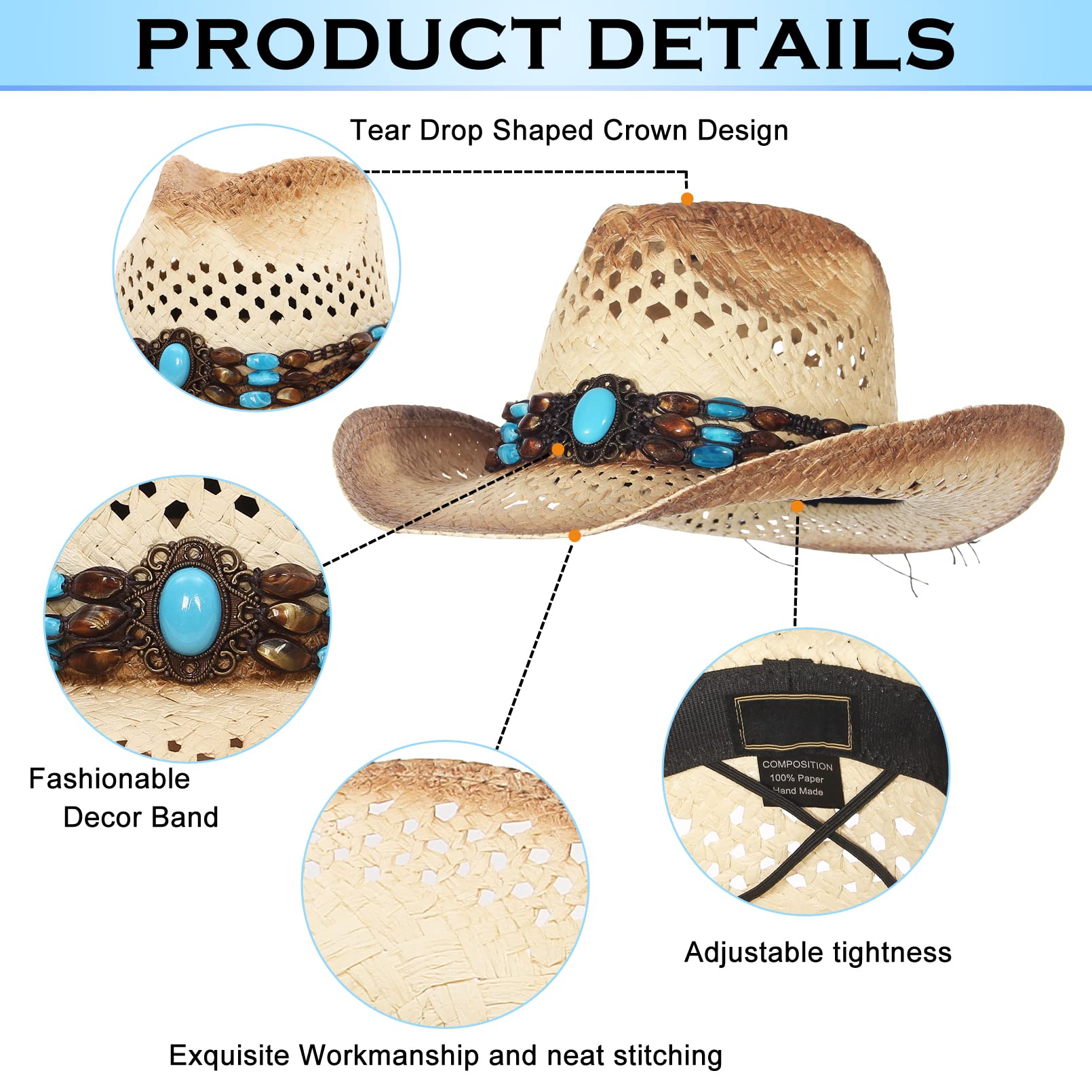 La Vogue Straw Cowboy Hat Bend Brim Fedora Hat Faux Turquoise Belt Brown