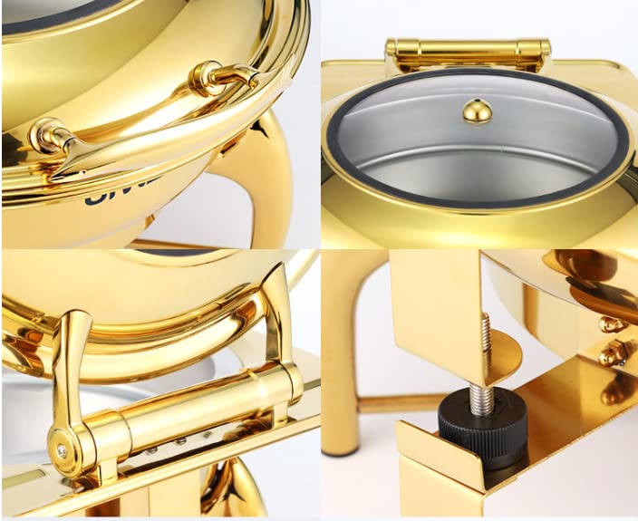 HONHPD 6.8 QT Round Golden Chafing Dish, chaffing server set buffet, Stainless Steel Buffet Chafer with Glass Lid, Chafers and Buffet Warmers Set for Catering, Buffet Food Warmer for Parties