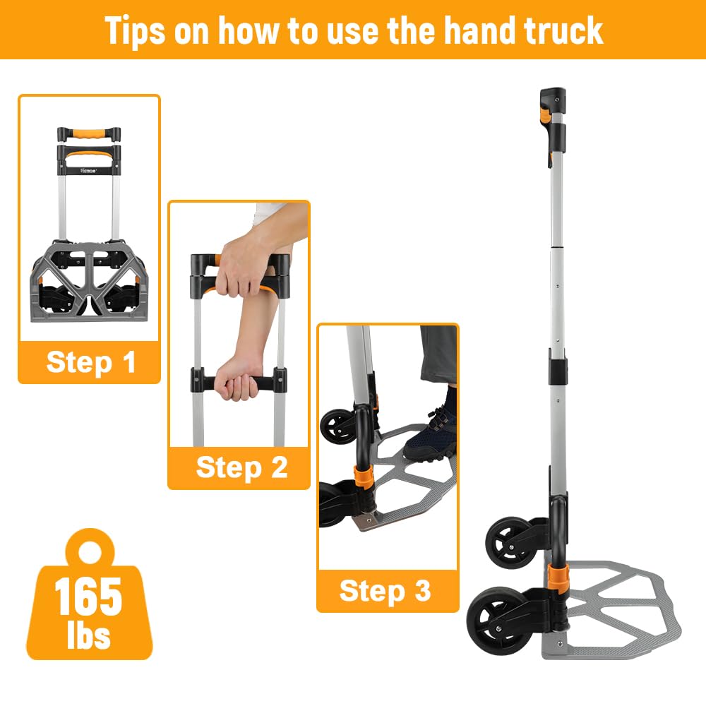 Hoteche Folding Hand Truck - 165Lbs Portable Heacy Duty Cart Dolly - Utility Luggage Cart with Adjustable Handle and PP+TPR Wheels