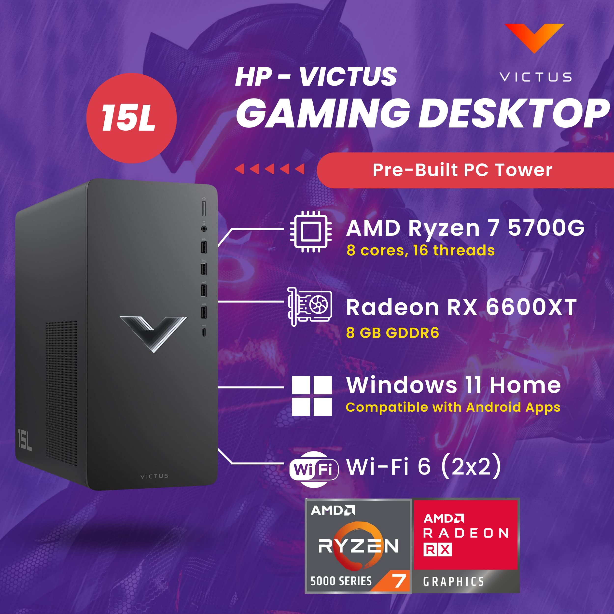 HP Victus Gaming PC, AMD Ryzen 7 5700G (8 cores, 16 Threads), 32 GB RAM, 1 TB PCIe SSD, Radeon RX 6600XT, Gaming Computer Desktop Bundle, USB C, WiFi 6, Windows 11 Home
