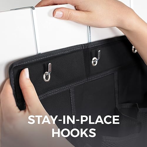 HOME GENIE 24 Pocket Strong Space Saving Over Door Shoe Organizer, Holds Up to 40 Pounds, Stay In Place Hooks Large Breathable Mesh Pocket Hanging Behind Closet Caddy Holder, Cabinet Rack, Black