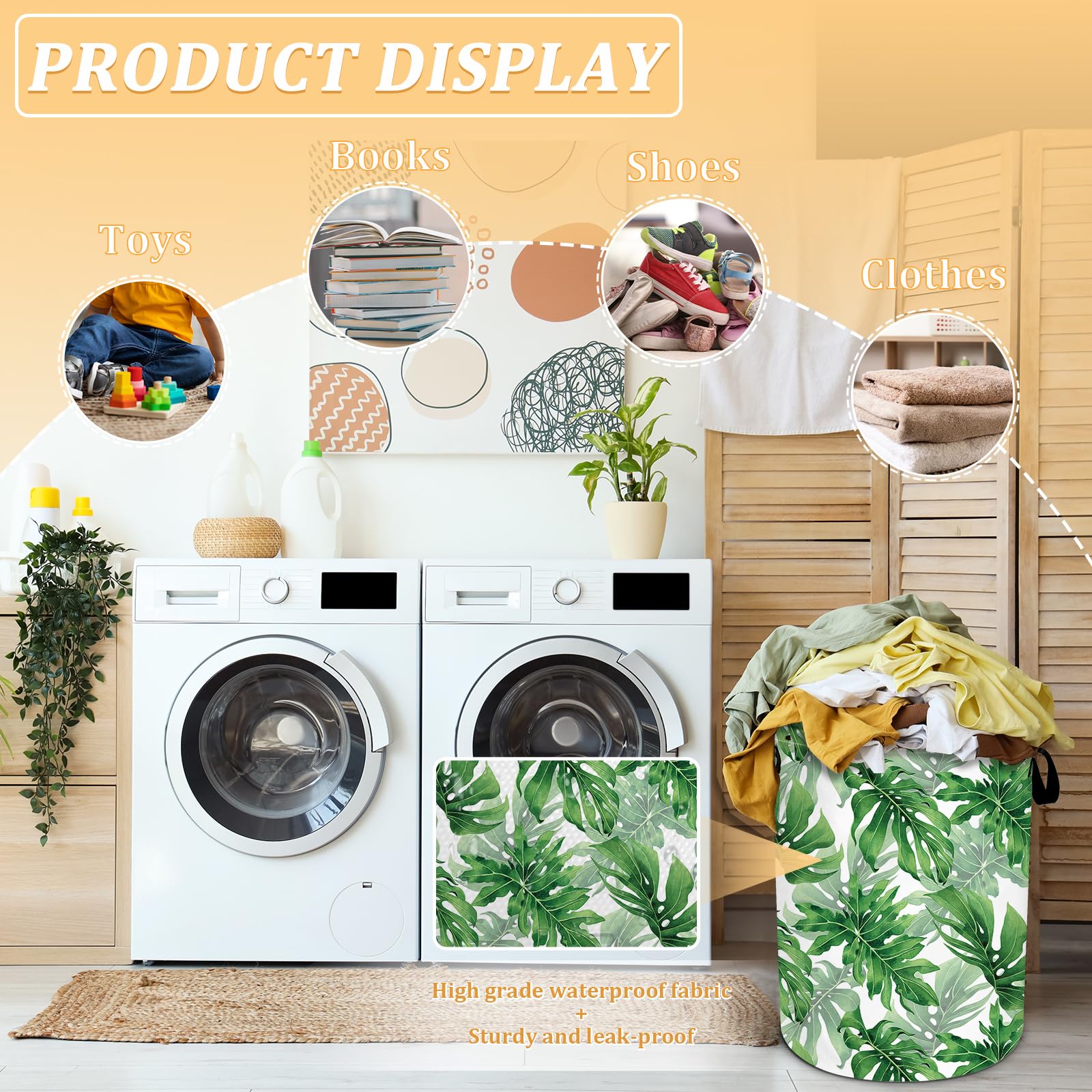 Palm Leaves Laundry Basket, Foldable Waterproof Oxford Cloth Floral Laundry Hamper Funny Tote Bag Dirty Clothes Storage Bucket Toy Organizer for Bathroom/Laundry/Bedroom 15.7"x19.6"